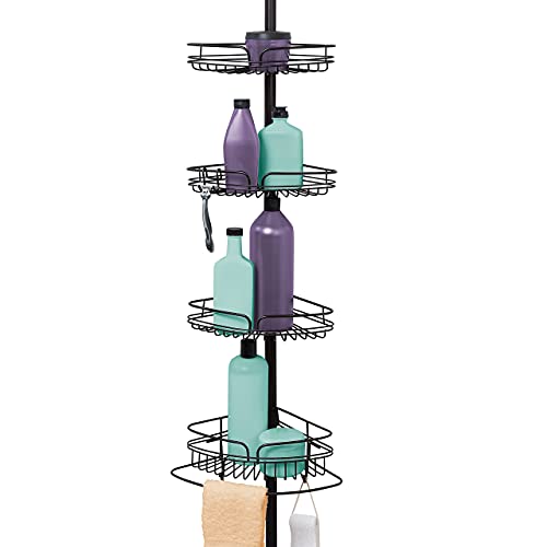 Zenna Home Rust-Resistant Corner Shower Caddy for Bathroom, 4 Adjustable Shelves with Towel Bar and Hooks, with Tension Pole, for Bath and Shower Storage, 60-97 Inch, Bronze