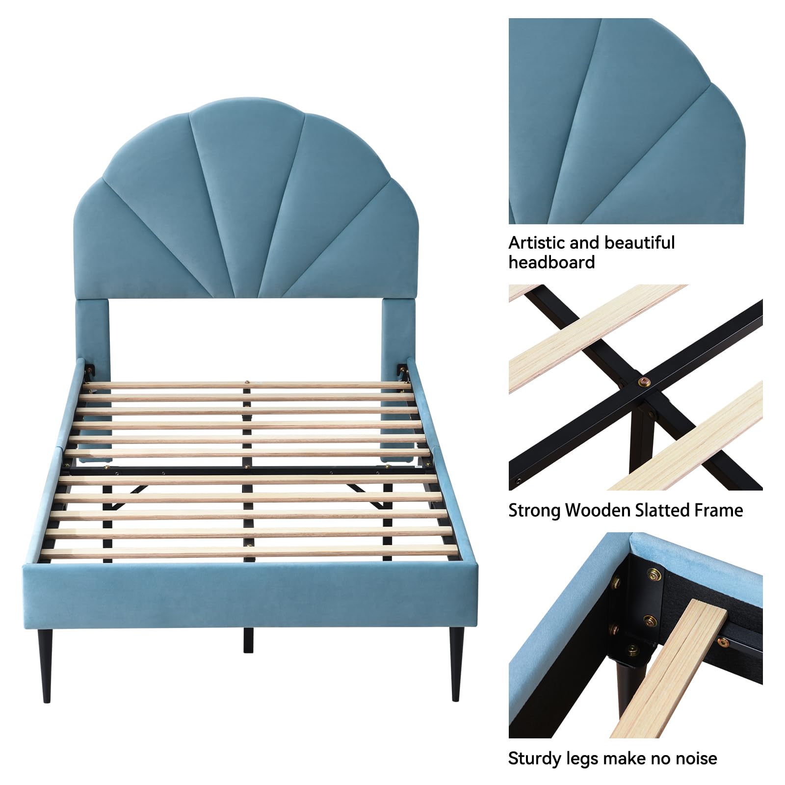 VELOCAVA Grey Bed Frame Twin Size, Cute Upholstered Bed with Sea Shell Tufted Headboard, Soft Velvet Platform Bed with Storng Wooden Slats Support, No Box Spring Needed, Easy to Assemble