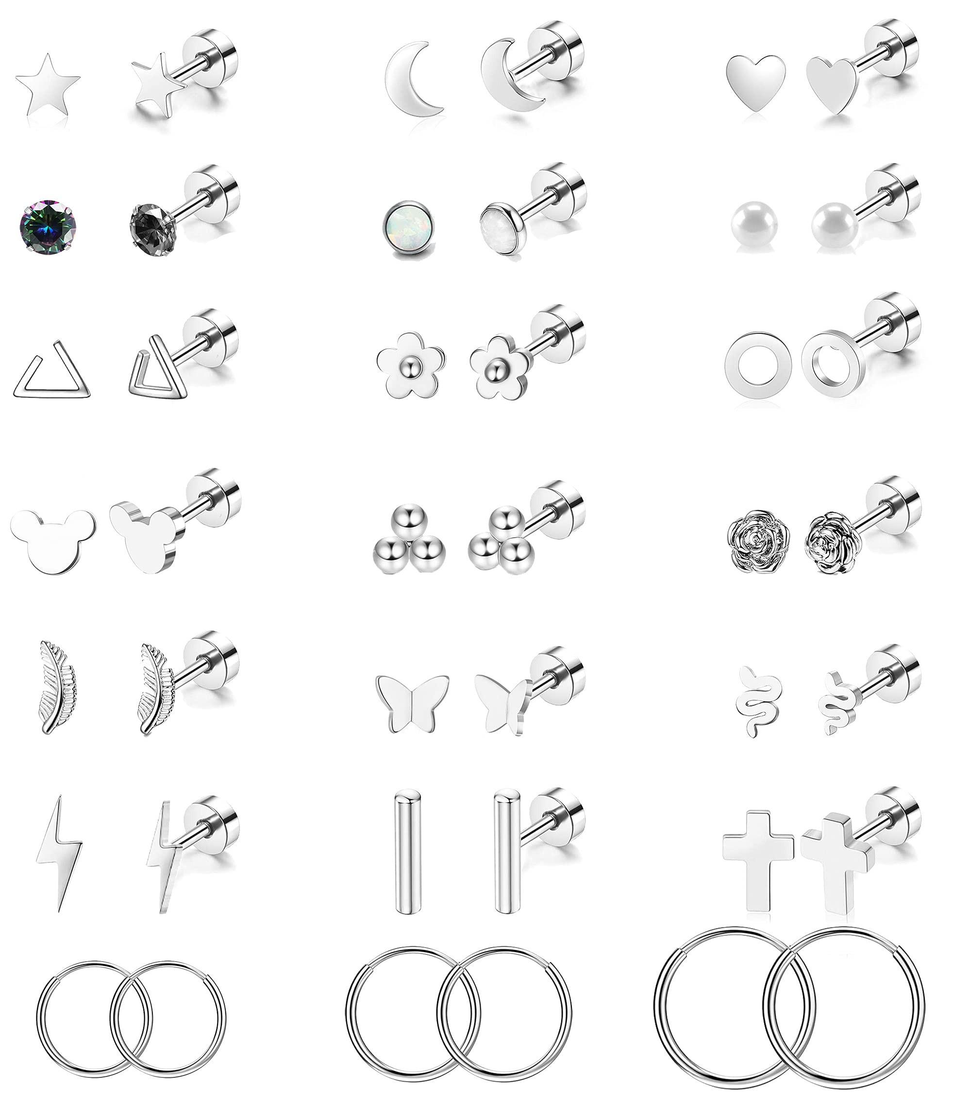 Staligue 21 Pairs Stainless Steel Earrings Set for Women Men Hypoallergenic 20G Flat Back Studs Earrings and Hoop Earrings Set Star Moon flower Snake Leaf Cartilage Piercing Earrings Jewelry Gifts