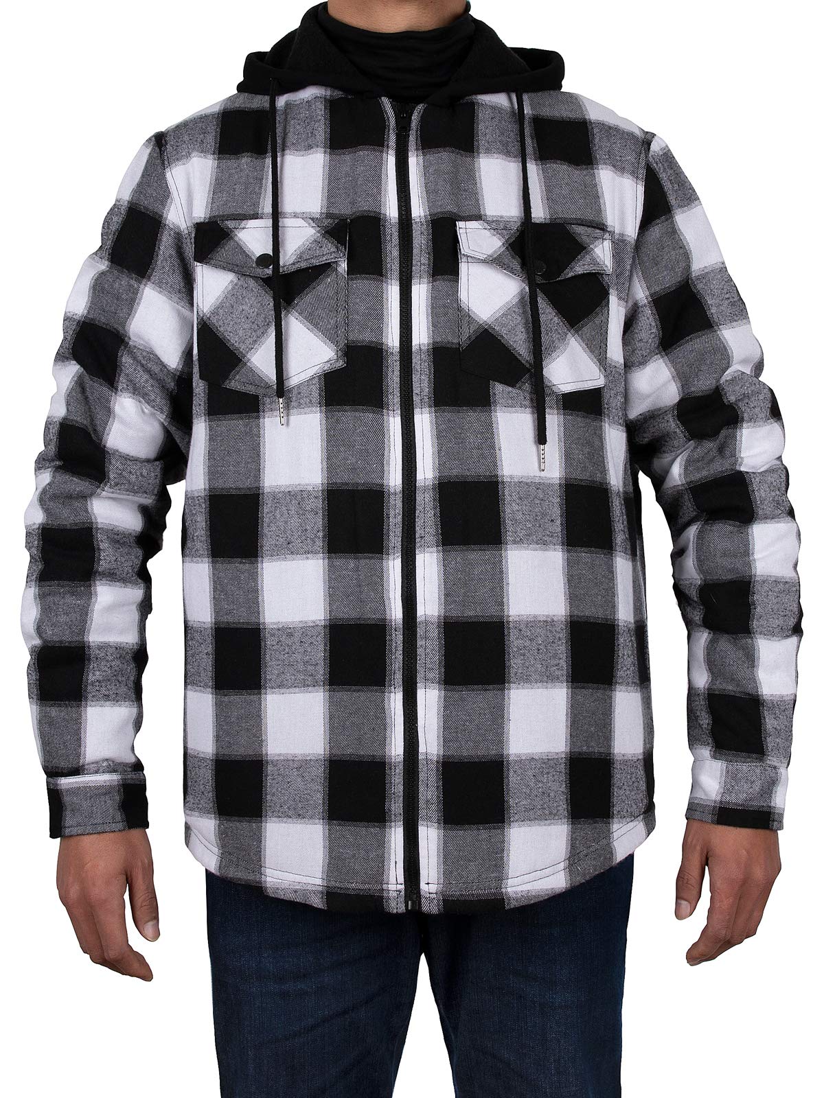ZENTHACE Men's Sherpa Lined Full Zip Hooded Plaid Shirt Jacket Black/Grey XXL