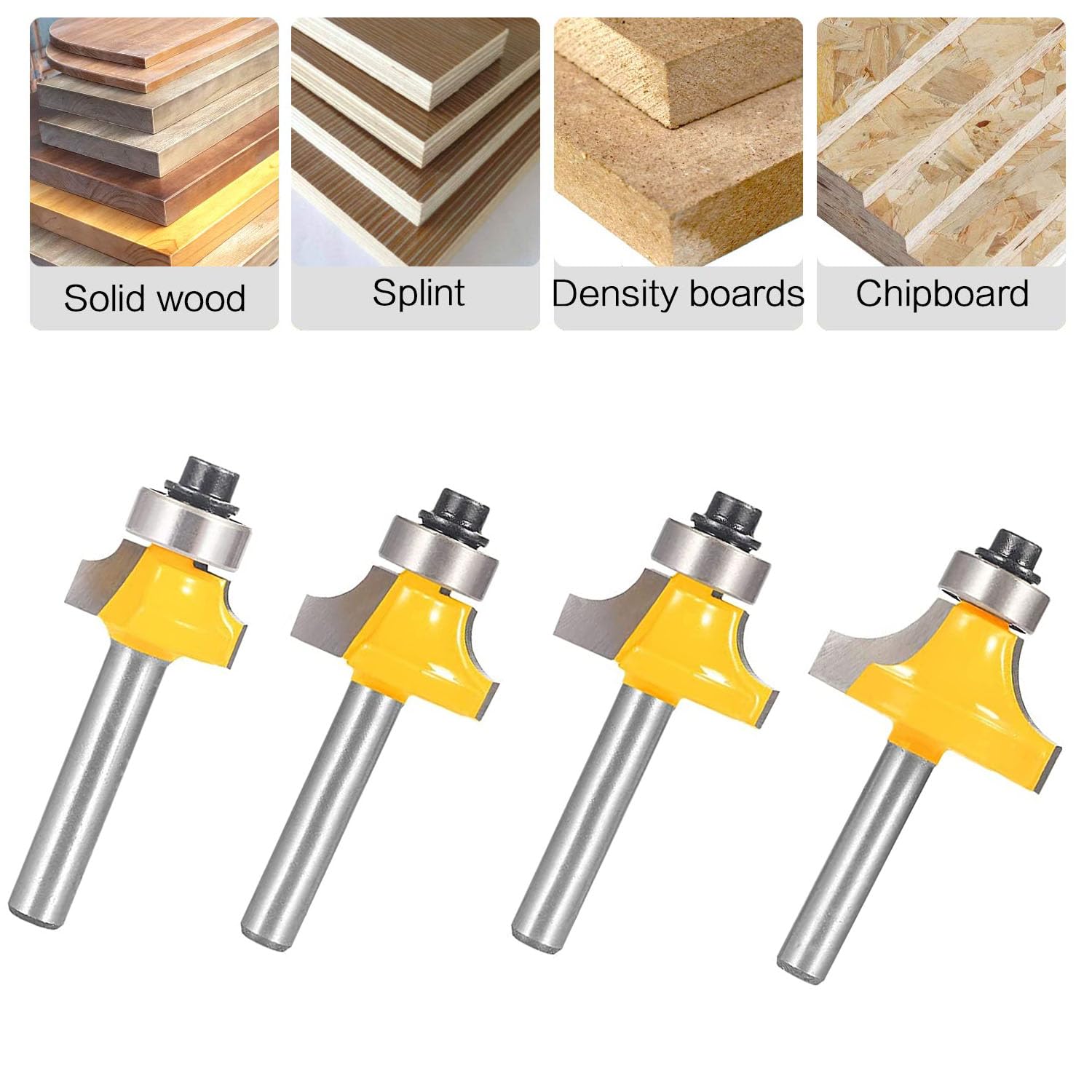 TOTOWOOD Roundover Router Bit Set,4pcs Router bit Set,1/4 inch Shank,Radius in 1/8", 1/4", 3/16", 5/16",Bearing Guide for Rounding Edge bit