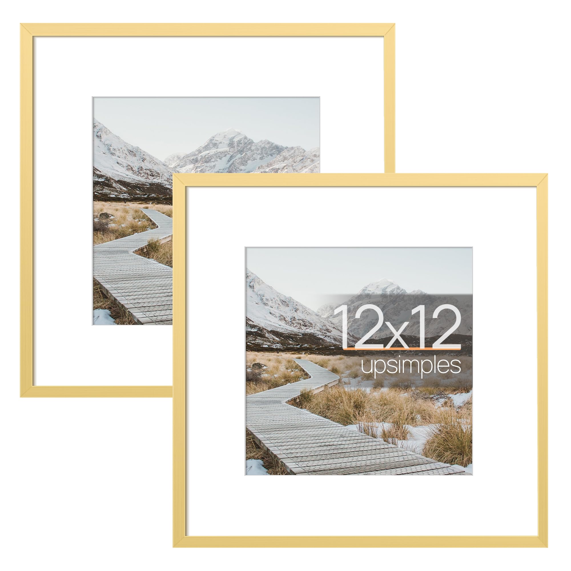 upsimples 12x12 Aluminum Picture Frame with mat for 8x8, Gallery Wall Decor Metal Photo Frames Set of 2, Gold
