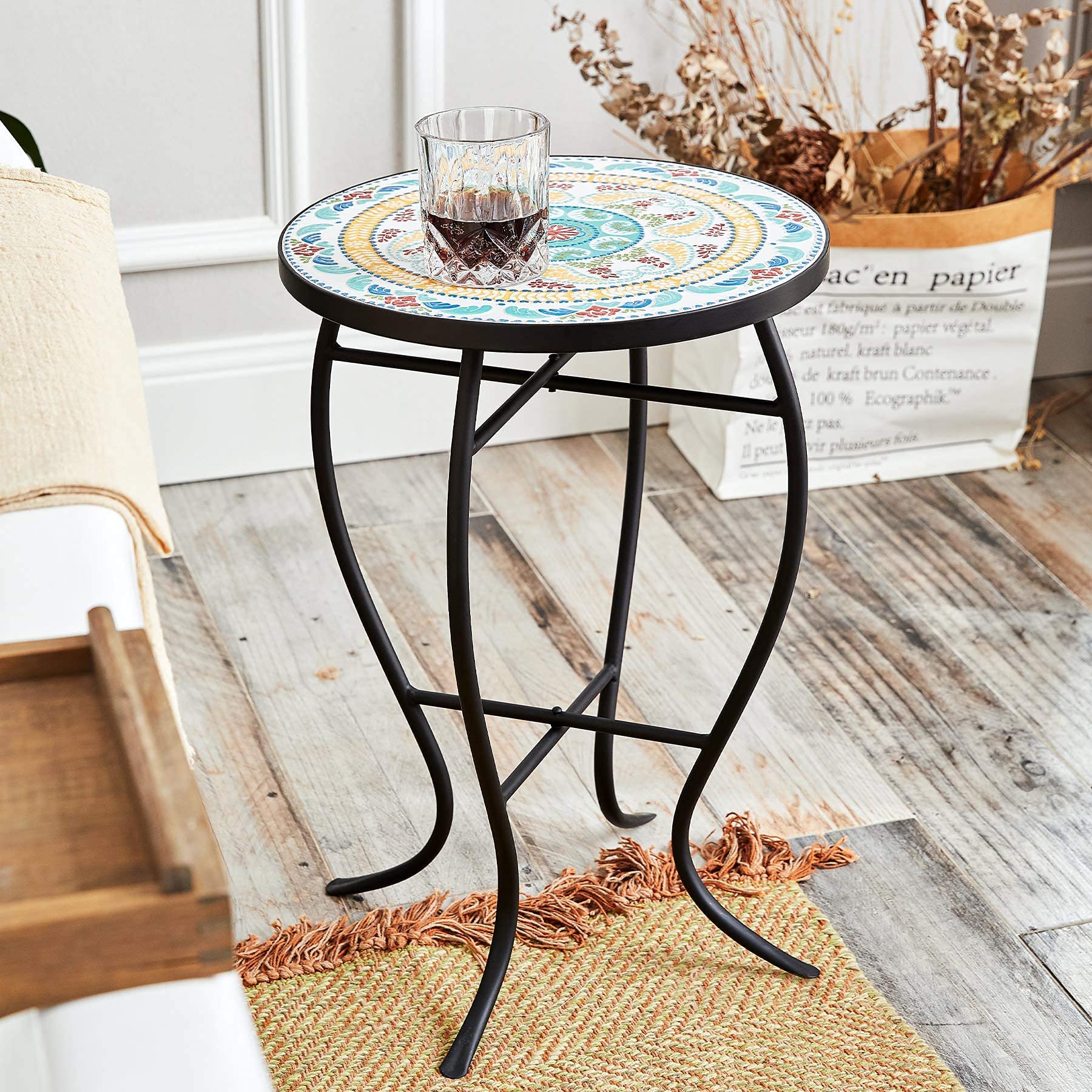 VONLUCE 21" Mosaic Plant Stand, 14 Inch Round Side Table with Ceramic Tile Top + French Vintage Foot Stool with Rustic Wood Legs and Padded Seat