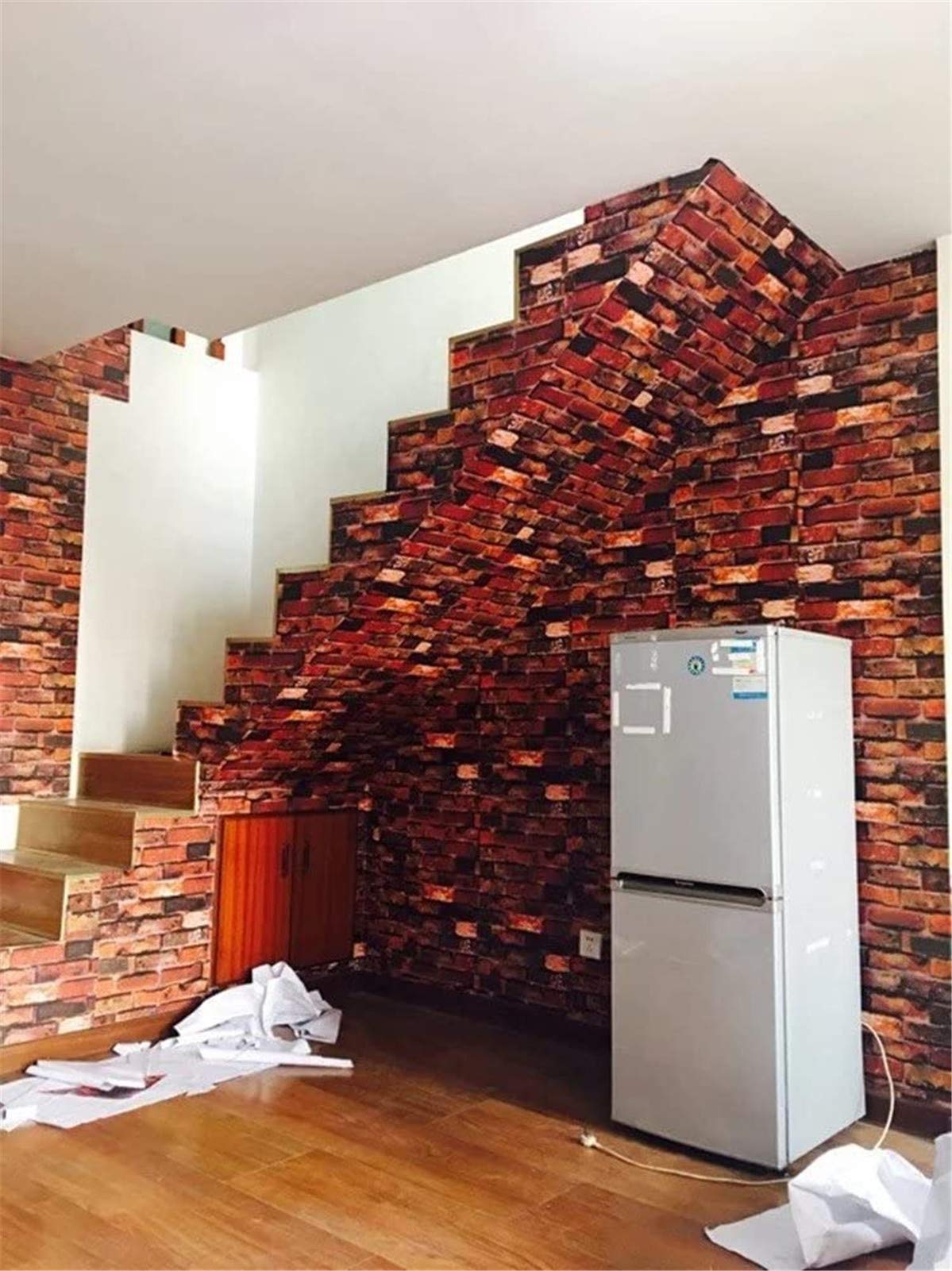 Yancorp 18" x 120" Brick Wallpaper Rust Red Peel and Stick Wallpaper Self Adhesive Fireplace Backdrop Kitchen Backsplash Wall Decor Stick on Wallpaper