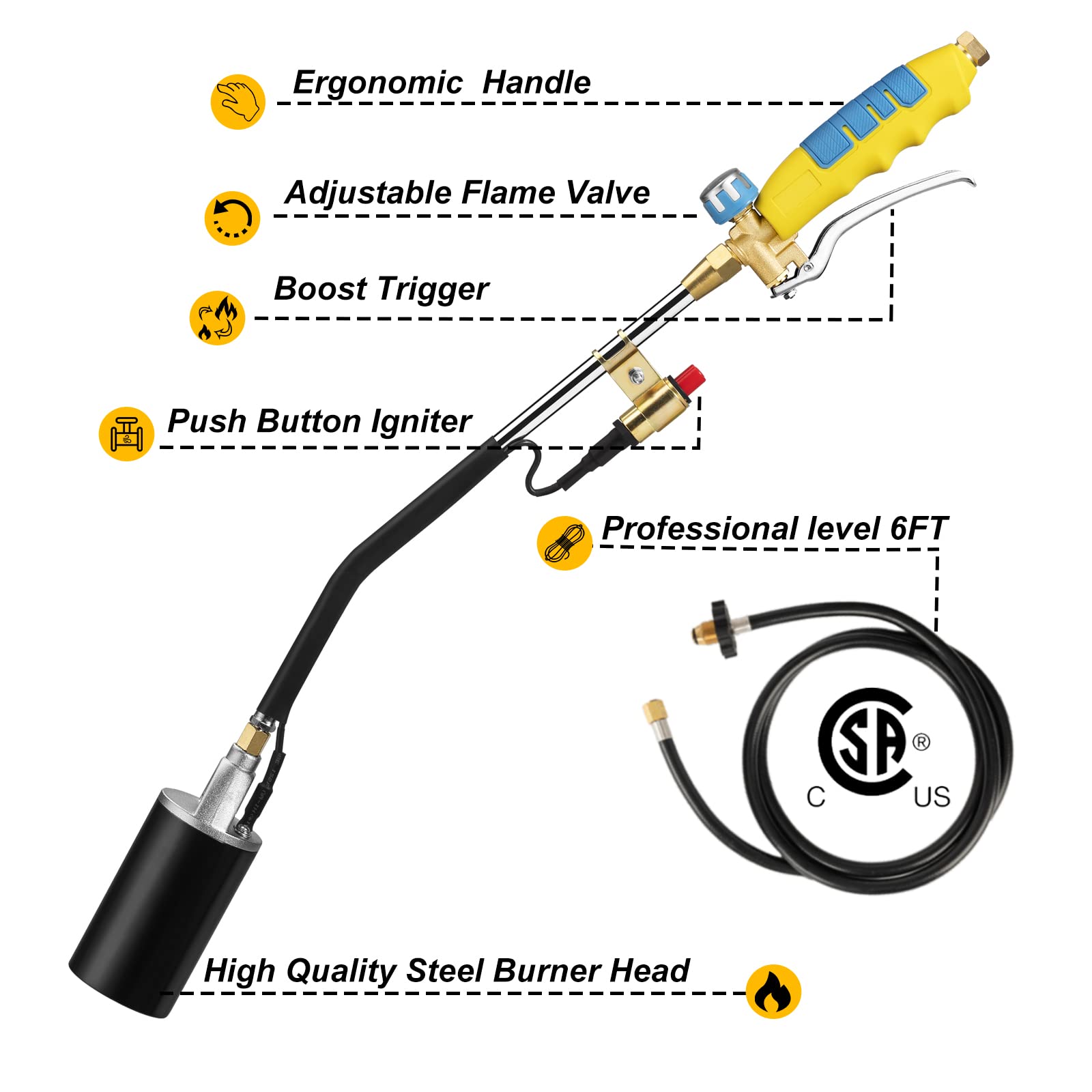 YOUDO Propane Torch Weed Burner, Heavy Duty Flame Thrower 500 BTU with CSA Certificate Extra Long 6FT Hose, Push Button Igniter, Flame Control, Ergonomic Handle for Garden Weeds, Ice Snow