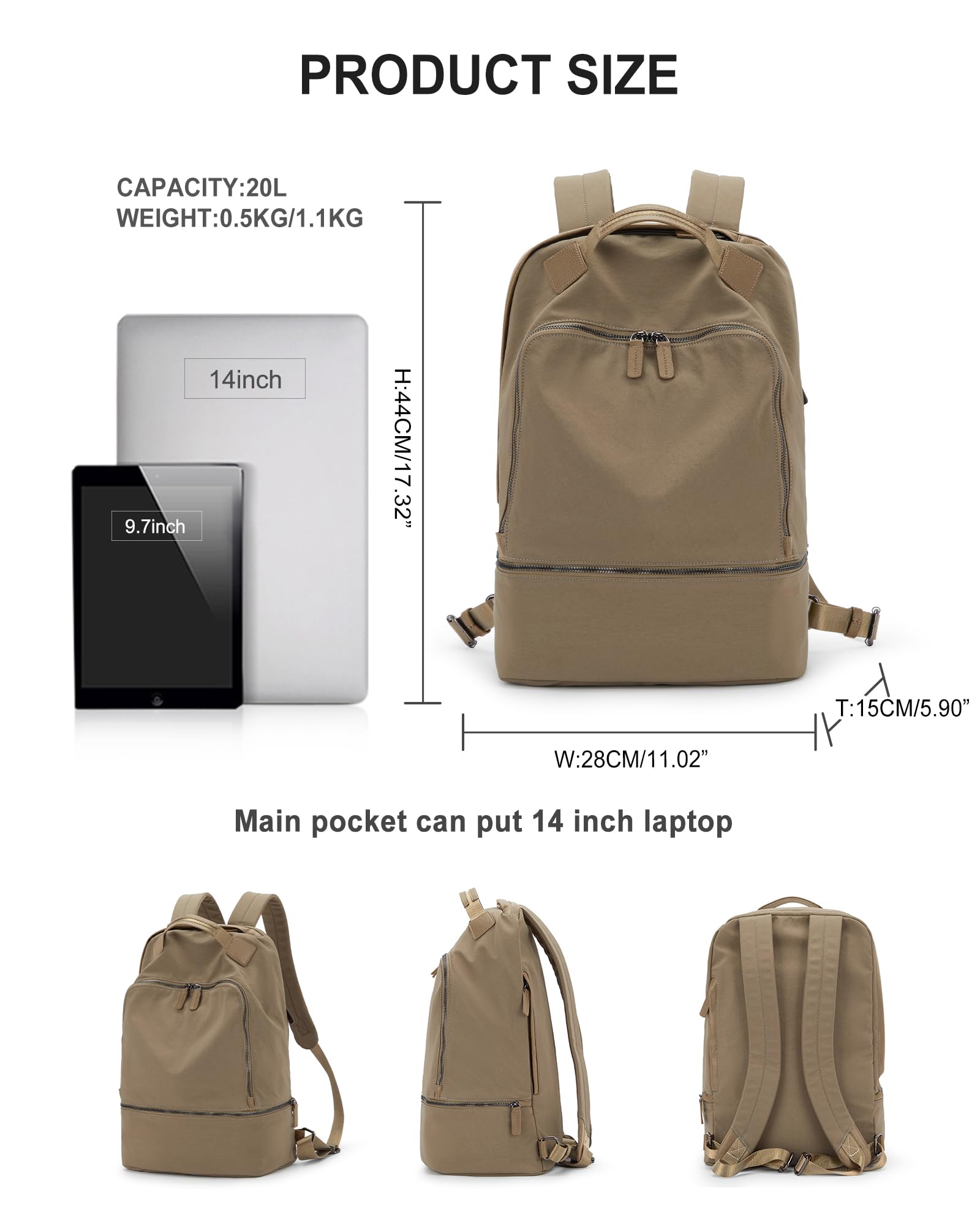 VENATIN Gym Backpack for Women Waterproof Small Gym Bag With Shoe Compartment Sports Essentials Backpack with Wet Dry Pocket,Khaki