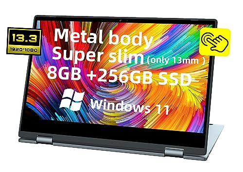 Touch Screen Laptop, 2 in 1 Win11 Yoga Laptop 16GB RAM 256G SSD, 13.3 Inch Convertible Laptop Computer, N5100 Quad Core, FHD IPS Panel, 2.4/5G/AC WiFi, Type-C, Thin&Light Notebook,Full Metal