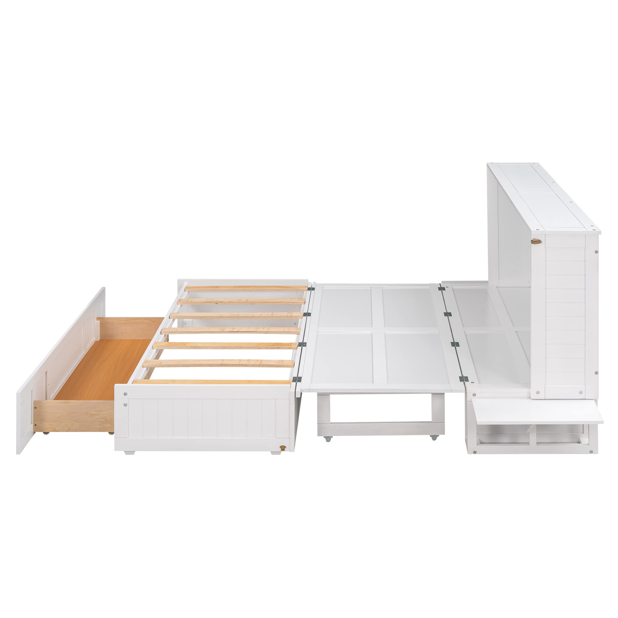 Zenvya White Queen Size Murphy Bed with Storage Drawer and 2 Little Shelves, Queen Murphy Wall Bed, Wooden Queen Platform Bed Frame for Bedroom Living Room, No Spring Box Needed (White)
