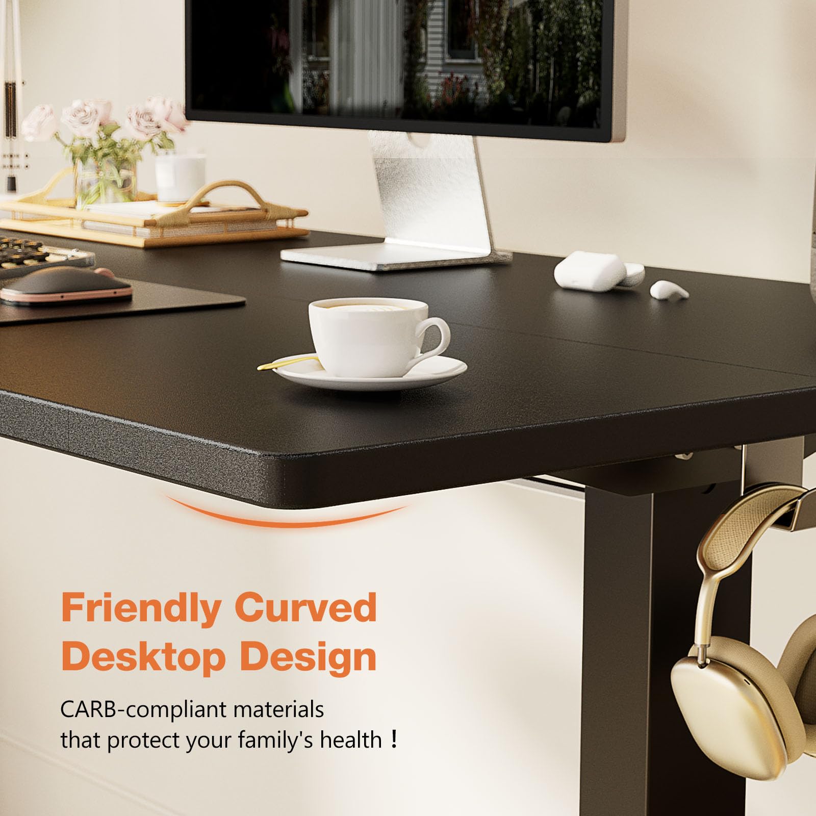 Sweetcrispy Electric Standing Desk - 40 x 24 inch Adjustable Height Sit to Stand Up Desk with Splice Board, Rising Home Office Computer Table with 2 Hook and Wire Hole for Work