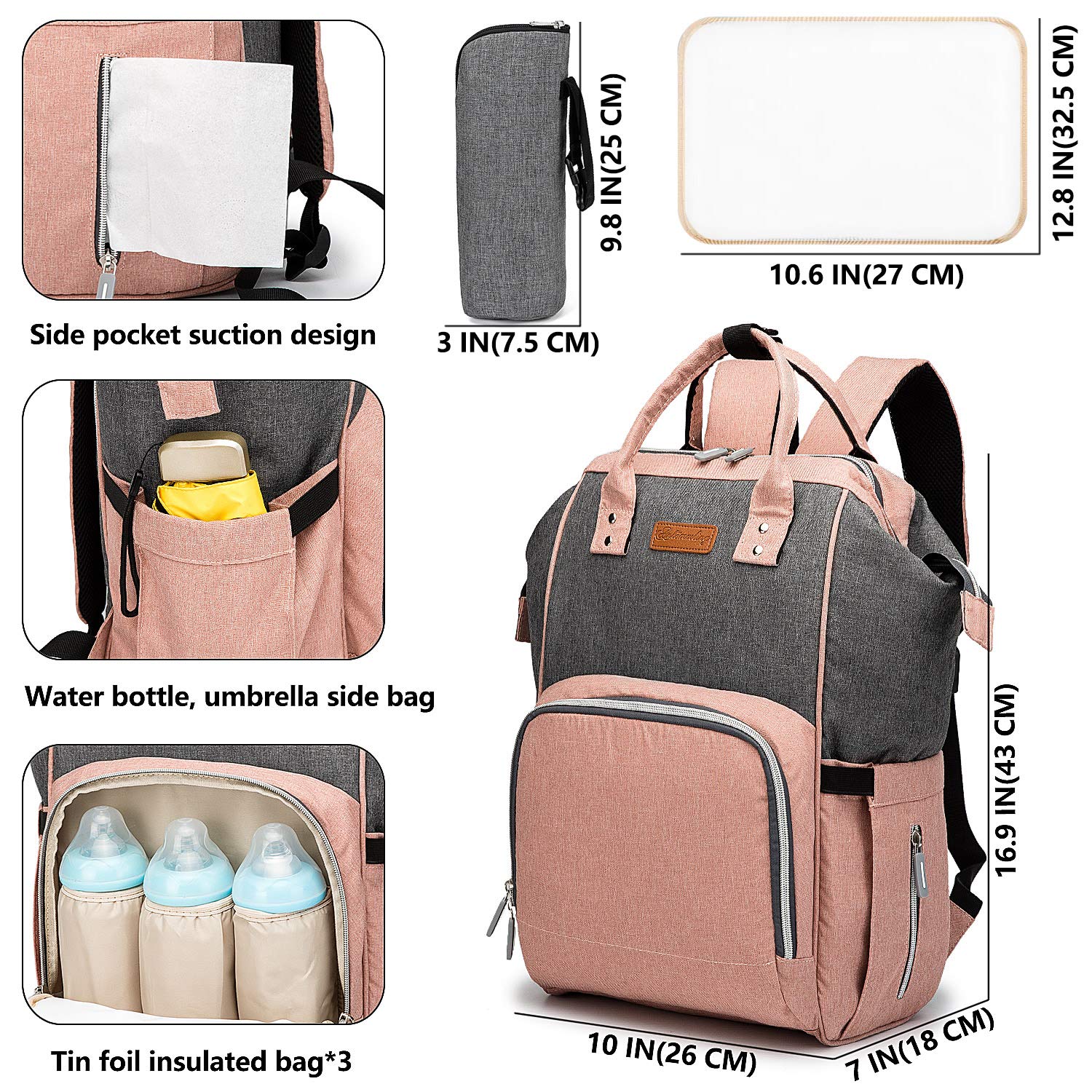 Waterproof Diaper Bag Backpack Large Capacity Nappy Baby Bags for Mom, USB Charging Port + Stroller Straps + Thermal Pockets + Pad (Grey & Pink)