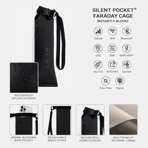 Silent Pocket SLNT Mini Waterproof Faraday Phone Sleeve Dry Bag Signal Blocking, Instant Protection and Security, Protects Against Cellular, GPS, WiFi, Bluetooth, EMR, EMF, Radiation, Anti-Hack Black