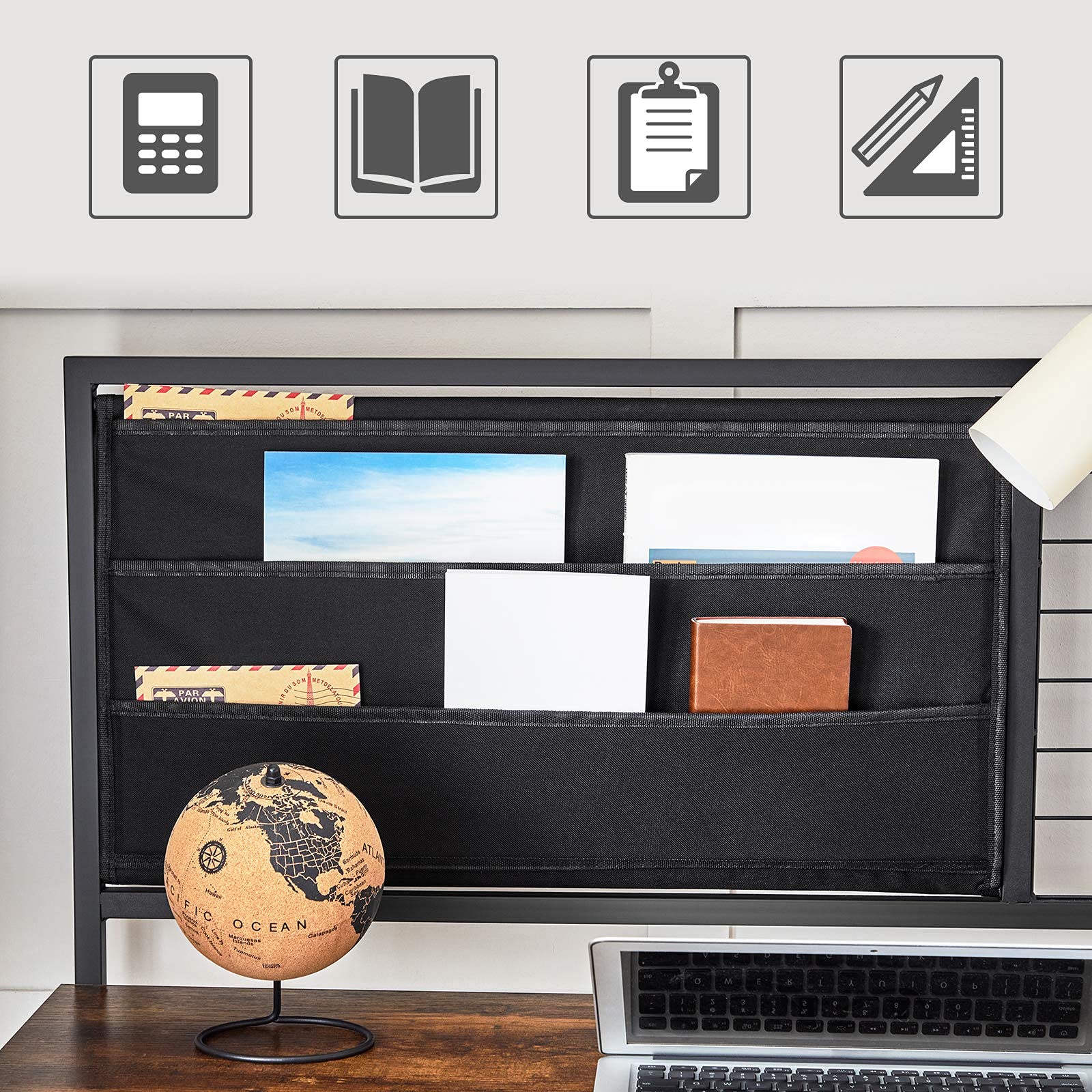 VASAGLE Computer Desk, 53.9 Inches Long Study Writing Desk for Home Office with Grid Board and Fabric Storage Bags, Industrial Style PC Laptop Table, Steel Frame,Rustic Brown and Black ULWD063B01