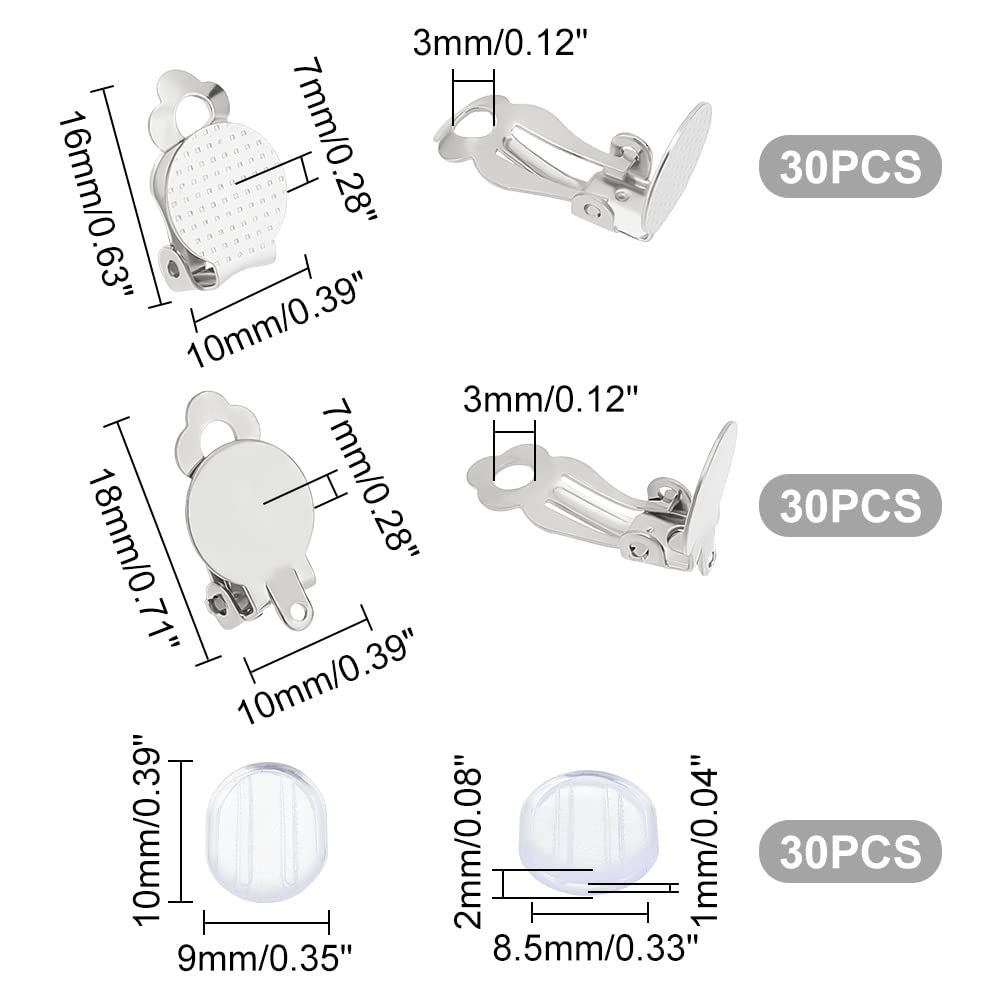 UNICRAFTALE 60pcs Clip-on Earring Findings DIY Earring Clip 10mm Stainless Steel Clip-on Earring Converter Flat Round Tray Non-Pierced Earrings with Silicone Earring Pads for DIY Earring Making
