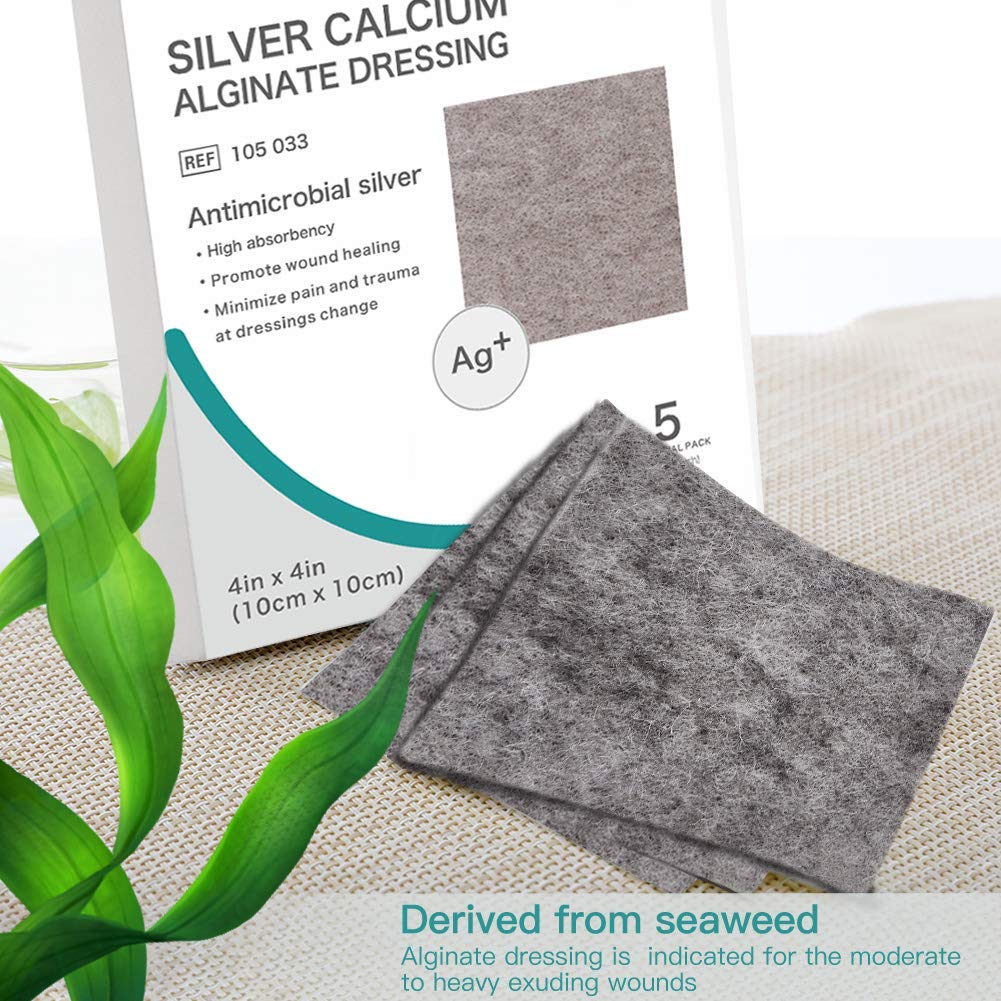 Silicone Adhesive Foam Dressing Without Border Waterproof 4"x 4"(10 cm x 10 cm) & Dimora Ag Silver Calcium Alginate Wound Dressing Pads, 4'' x 4'' Patches