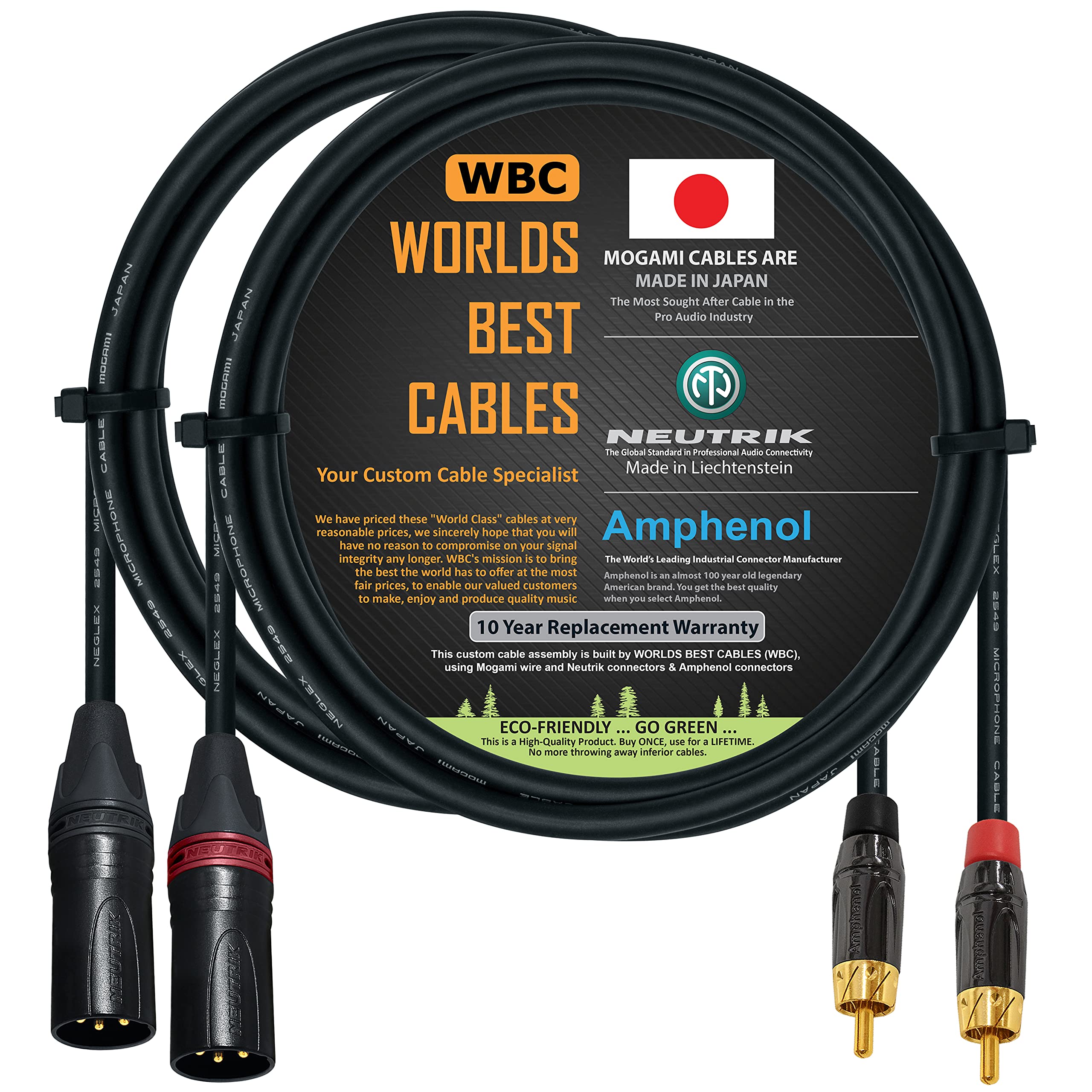 WORLDS BEST CABLES 2 Foot - RCA to XLR (Male) Cable Pair β Mogami 2549 Audio Interconnect Cable & Amphenol ACPL RCA & Neutrik Male XLR Gold Plugs - CUSTOM MADE