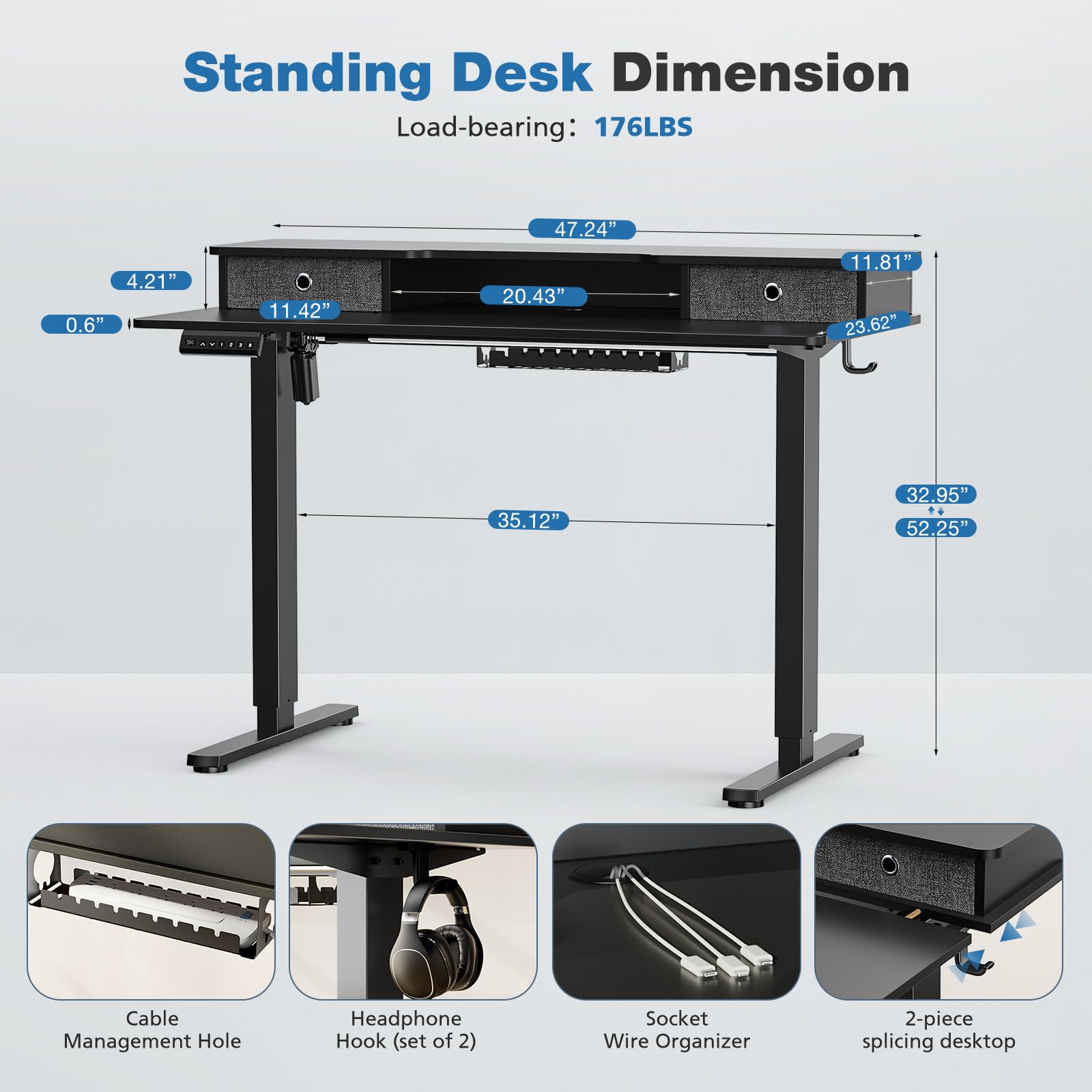 Sweetcrispy Electric Standing Desk with Double Drawer - 48 x 24 inch Adjustable Height Sit to Stand Up Desk with Storage Shelf, Rising Home Office Computer Table with Splice Board