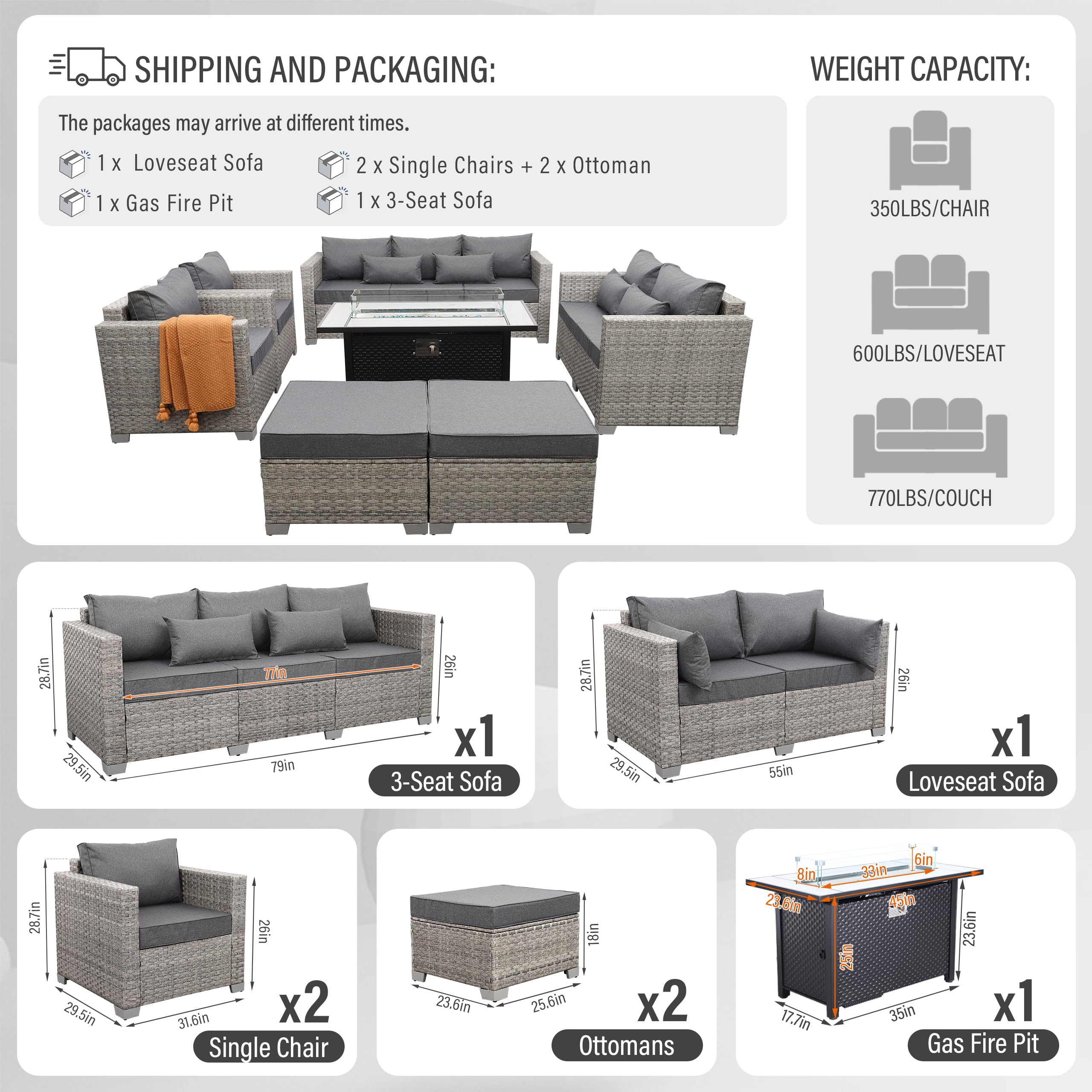 WAROOM Patio Furniture Set Gray Rattan 7 Pieces Outdoor Sectional Sofa PE Wicker Conversation Chairs with Storage Table and Non-Slip Thick Grey Cushion