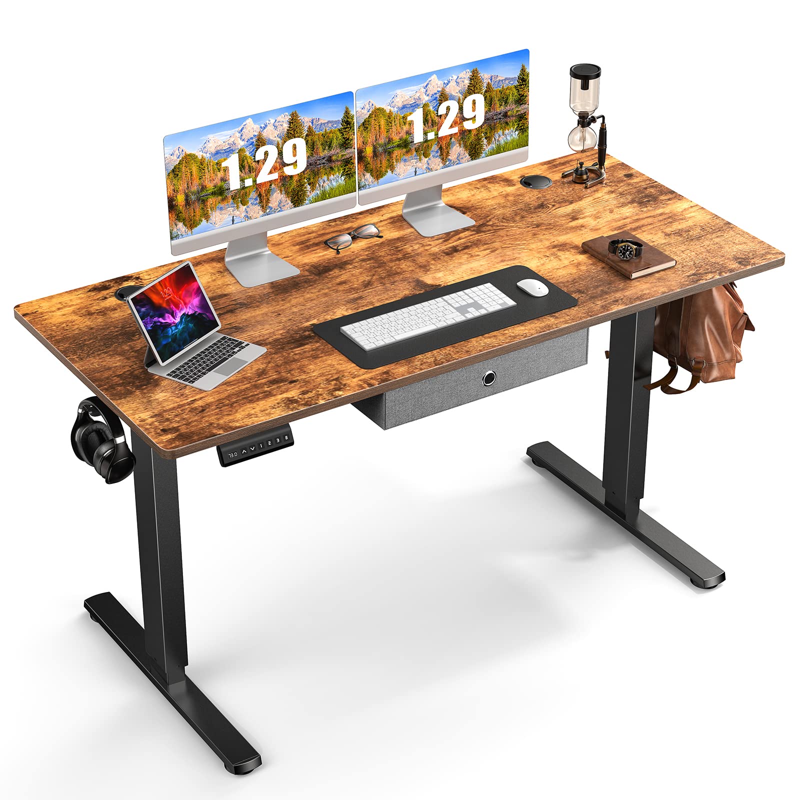 Sweetcrispy Electric Drawers 55 x 24 Inch Storage Height Adjustable Sit Stand Black Frame/Rustic Brown Top Ergonomic Rising Desk Computer Workstation for Office
