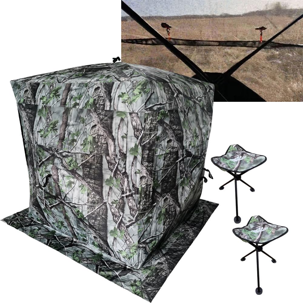 THUNDERBAY See Through Hunting Blind Combo with 2 Chairs, 3 Person Pop Up Ground Blinds 180 Degree, 300D Durable Hunting Tent for Deer & Turkey Hunting (Camouflage), Floor Space 62" x 62"