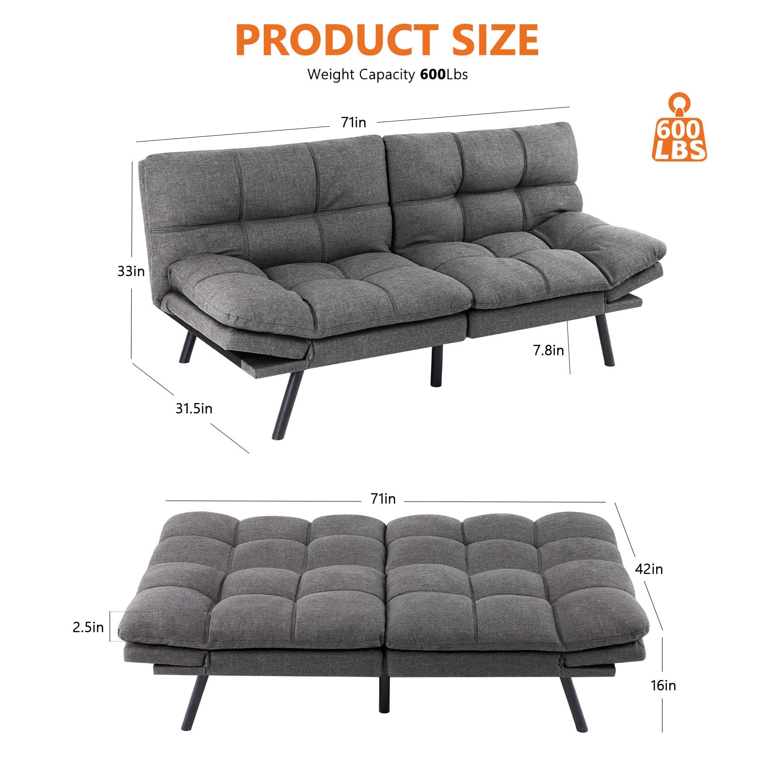 Sweetcrispy Futon Sofa Bed Sofá Cama para Sala Futon Couch Bed Sofas Sleeper, Modern Convertible Futon for Living Room, Small Loveseat for Apartment Office, Folding Adjustable Recliner