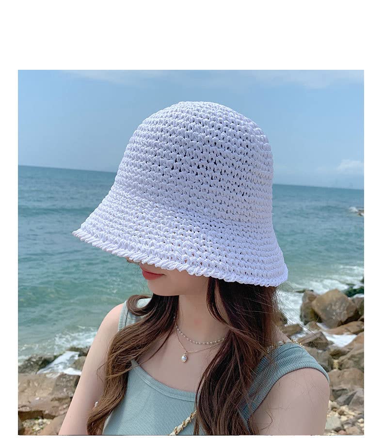 Womens Straw Sun Hat Woven Bucket Hat Fishing Hat Beach Hat Foldable Cap Solid Color Straw Beach Hat Summer