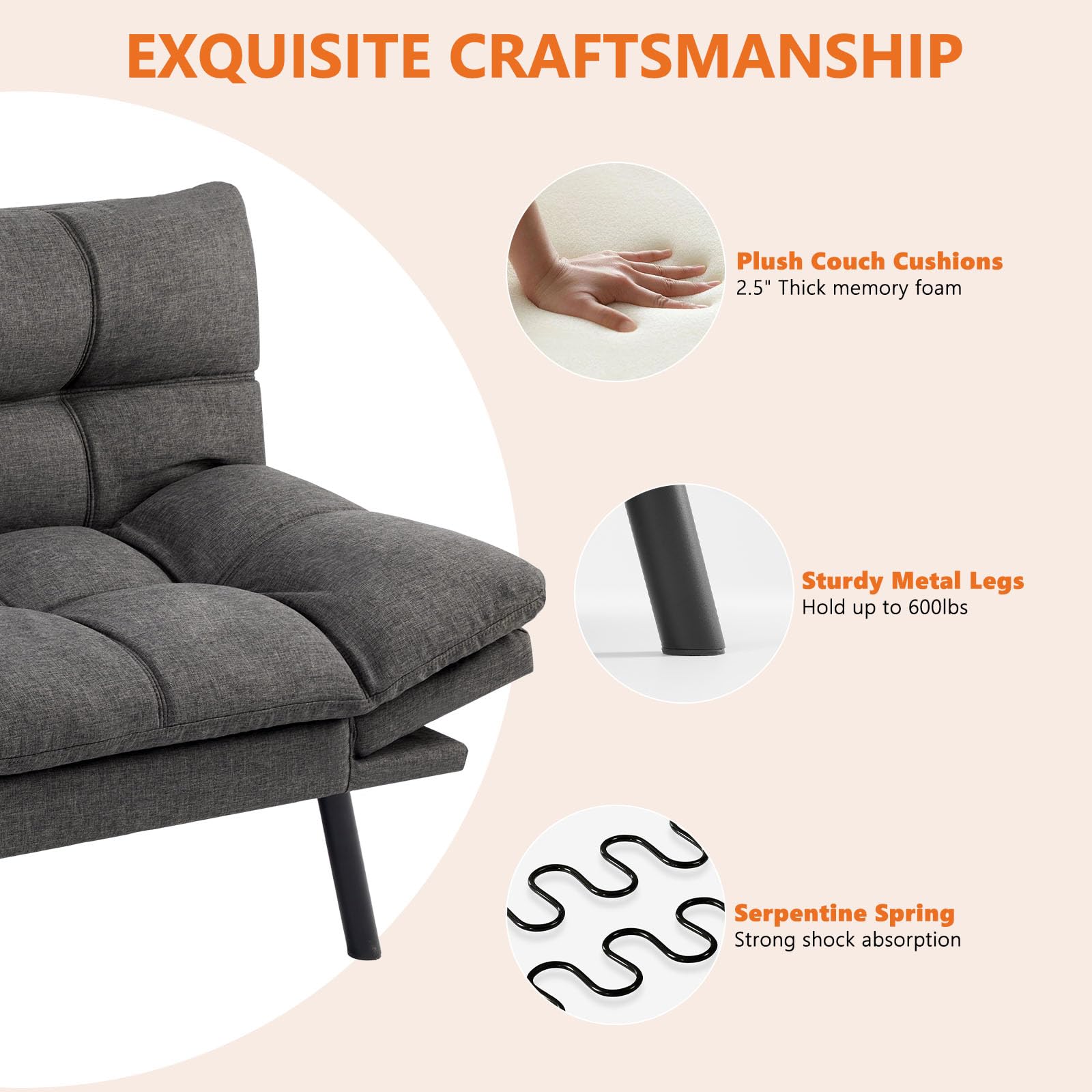 Sweetcrispy Futon Sofa Bed Sofá Cama para Sala Futon Couch Bed Sofas Sleeper, Modern Convertible Futon for Living Room, Small Loveseat for Apartment Office, Folding Adjustable Recliner
