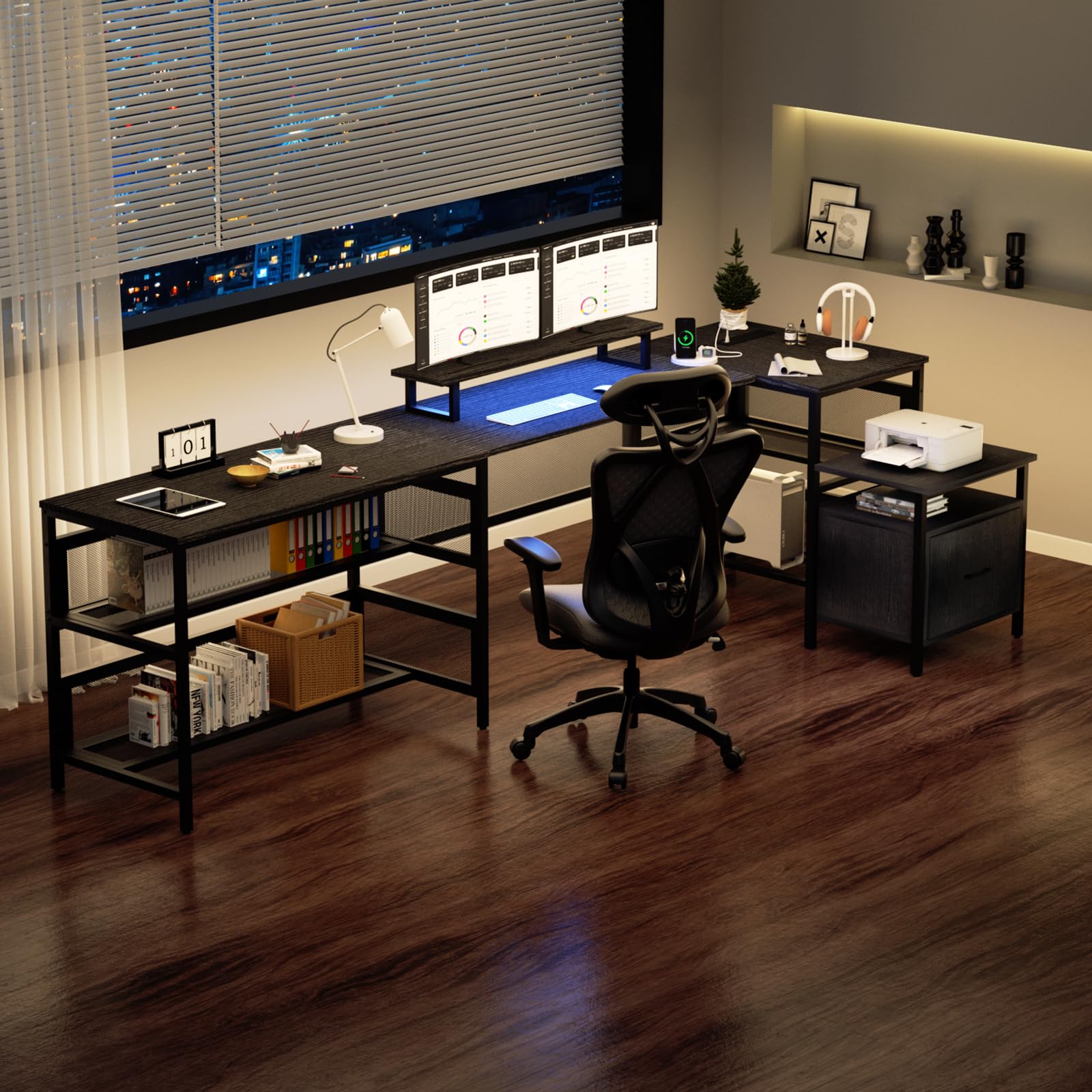 WASAGUN U Shaped Desk with File Drawer, 82.6" U Shaped Desk,Computer Desk with Power Outlet,Home Office Desk with Monitor Shelf,Printer Storage Shelves,Gaming Desk,Black