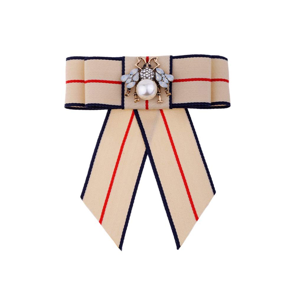 Vpang Crystal Bee Bow Brooch Pre-Tied Neck Tie Brooch Pin Striped Bow Tie for Women Wedding Party Bow Tie (Beige)