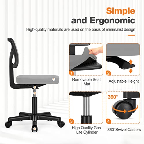 Sweetcrispy Office Computer Desk Chair, Ergonomic Low-Back Mesh Rolling Work Swivel Chairs with Wheels, Armless Comfortable Seat Lumbar Support for Home,Bedroom,Study,Student,Adults, Grey