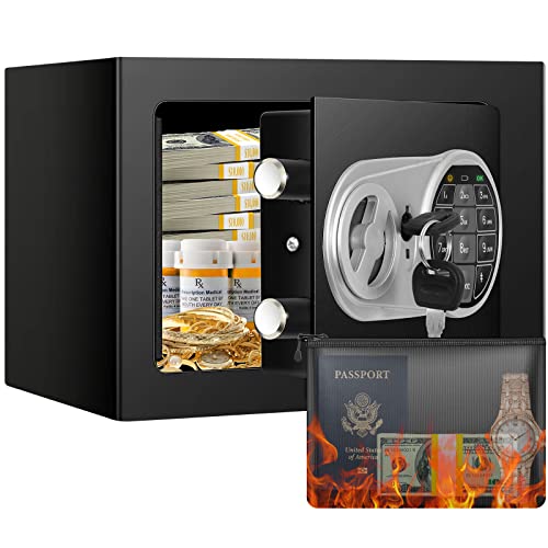 Thmosz Small Safe Box for Money, 0.25 Cuft Mini Home Safe with Fireproof Waterproof Money Bag, Digital Safe with Combination Lock, Money Safe Box for Home Hotels Business (Black)