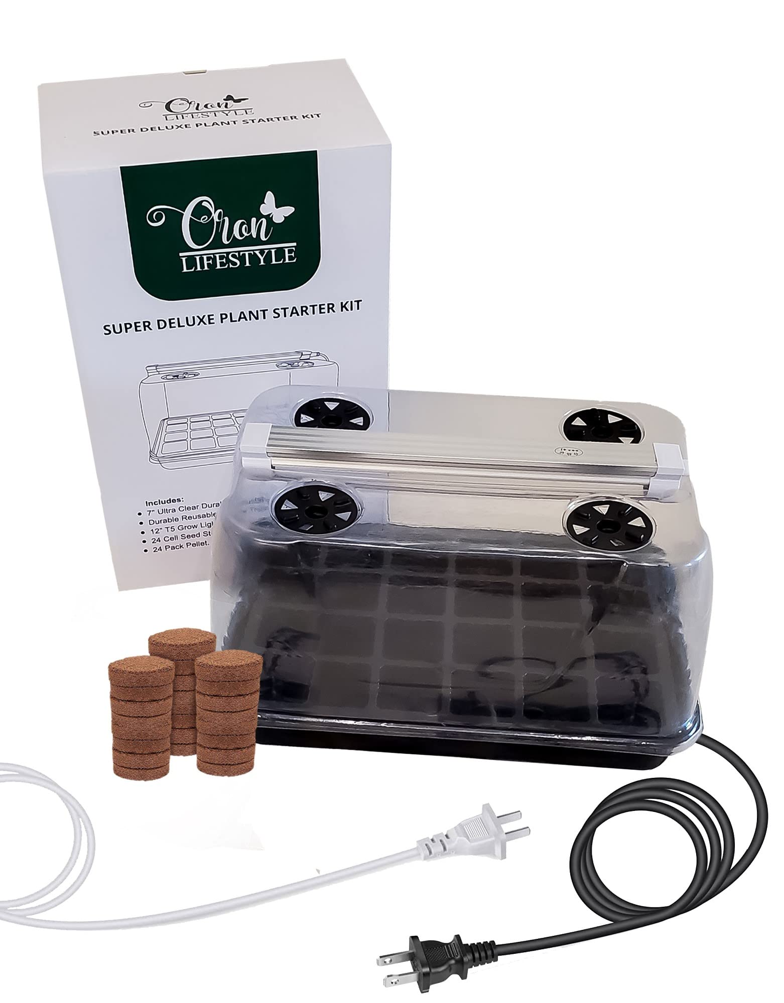 Seed Starter Tray Kit, Oron Lifestyle Germination Starter Kit for Starting Seeds or Cuttings, (Heat Tray, T8 Grow Light, Peat Pellets, 24 cell Starter Tray, Adjustable Clear Humidity Dome and More)