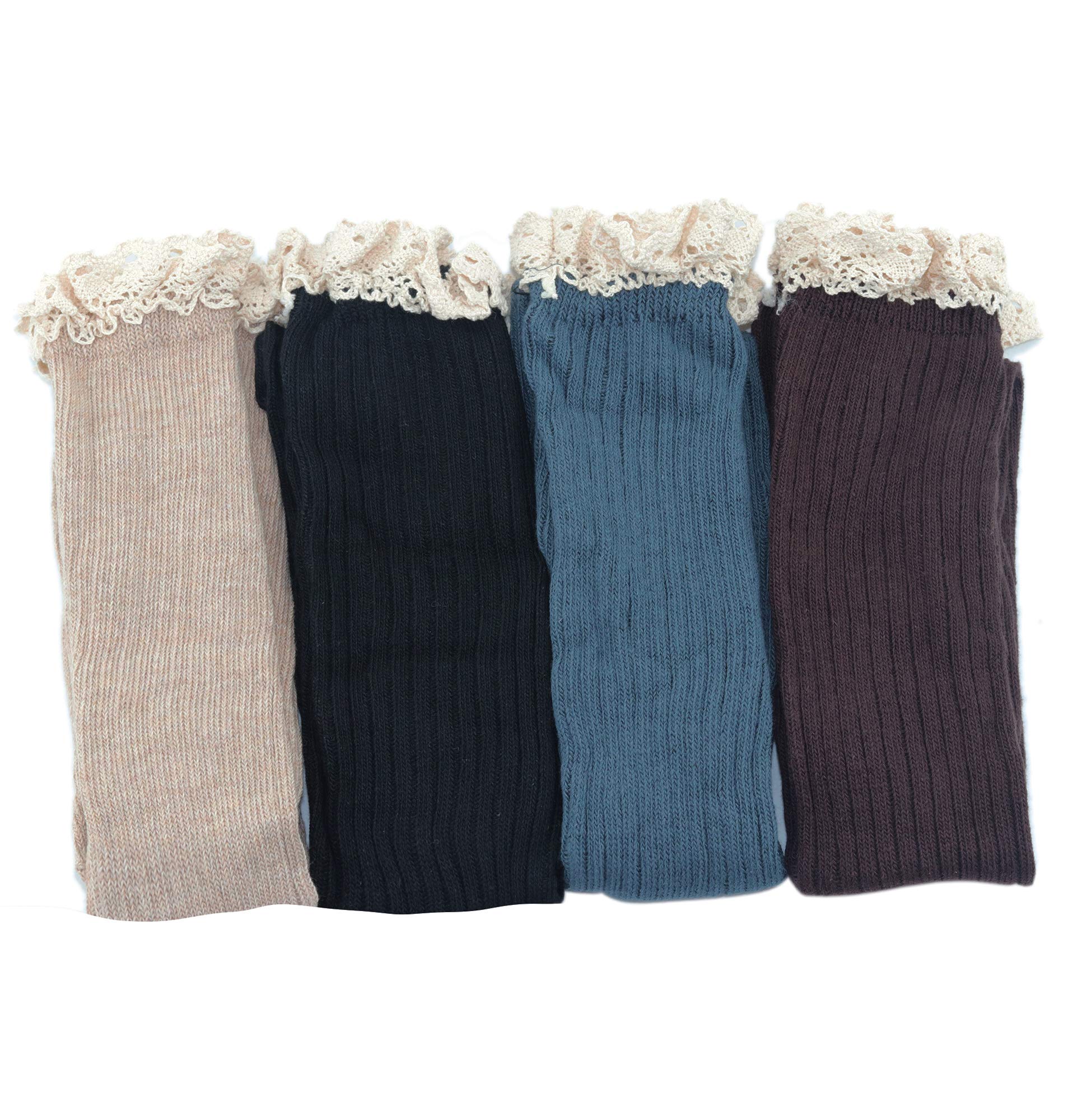 Vpogn 4 Pack Women Cotton Knit Boot Socks Knee High Socks Stockings with Lace Trim (Beige, Dark Grey, Black, Brown)