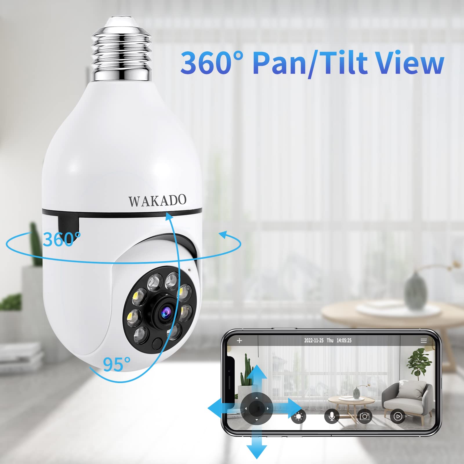 WAKADO Wireless Light Bulb Security Camera 1080P 360 Degree Pan Tilt Wireless Floodlight Night Vision with Floodlight Human Motion Detection and Alarm(2packs