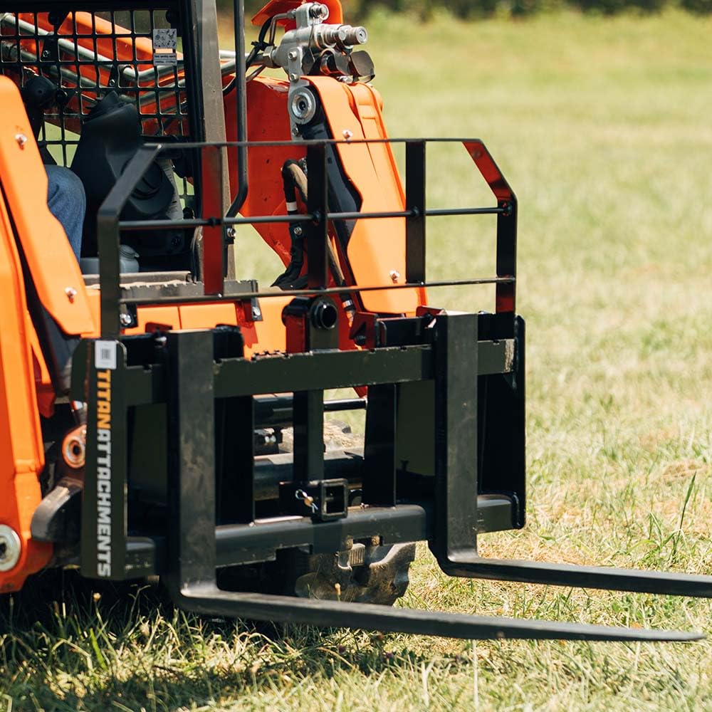 Titan Attachments HD Skid Steer Pallet Fork Attachment, 42" Fork Blades, Rate 5,500 LB, Quick Tach Tractor Loader