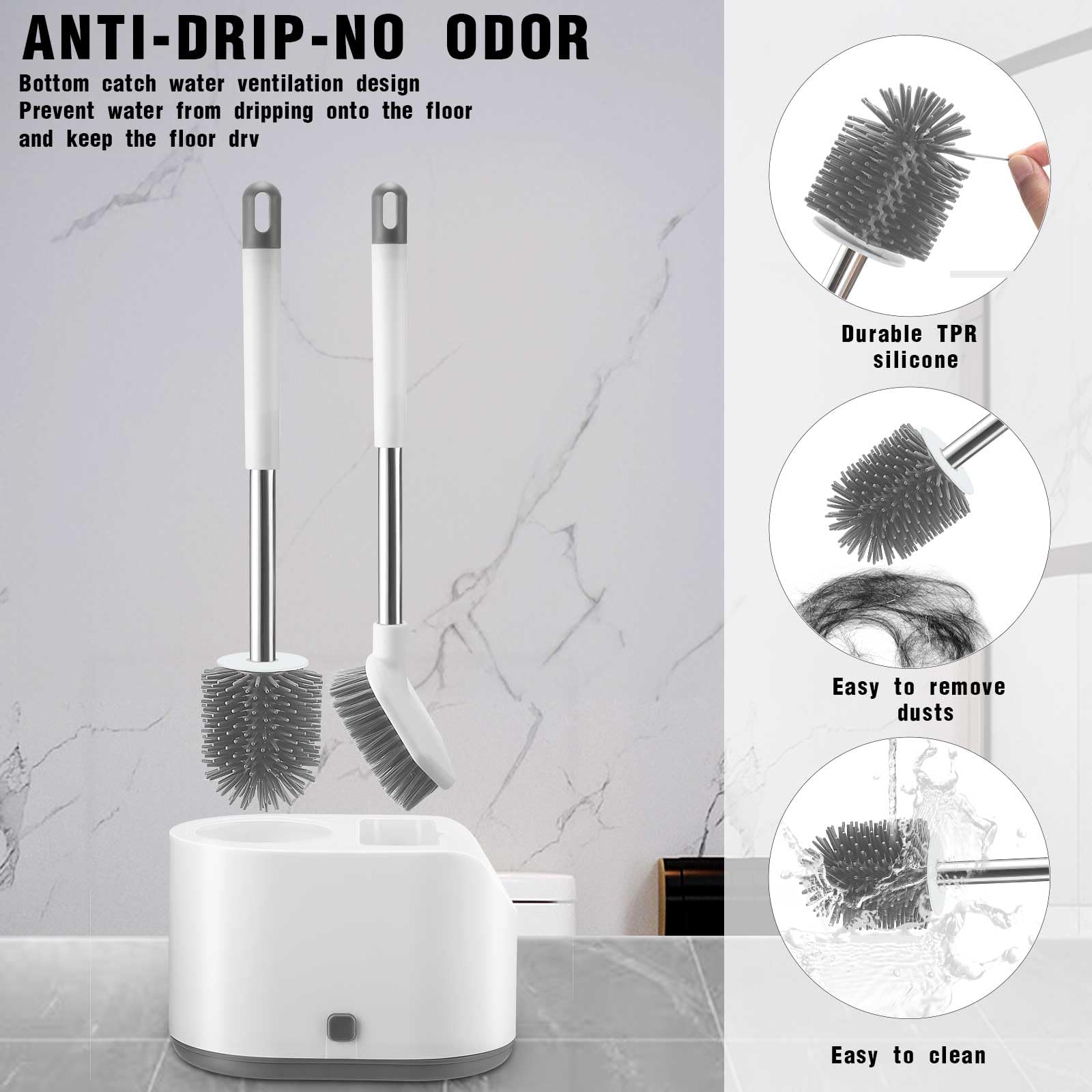 Tioncy 3-Piece Silicone Toilet Brush Set with Ventilated Holder, White