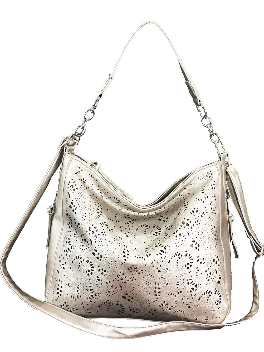 Zzfab Laser Cut Bling Hobo fashion CCW Bag Faux Leather Concealed Carry Purse Pewter
