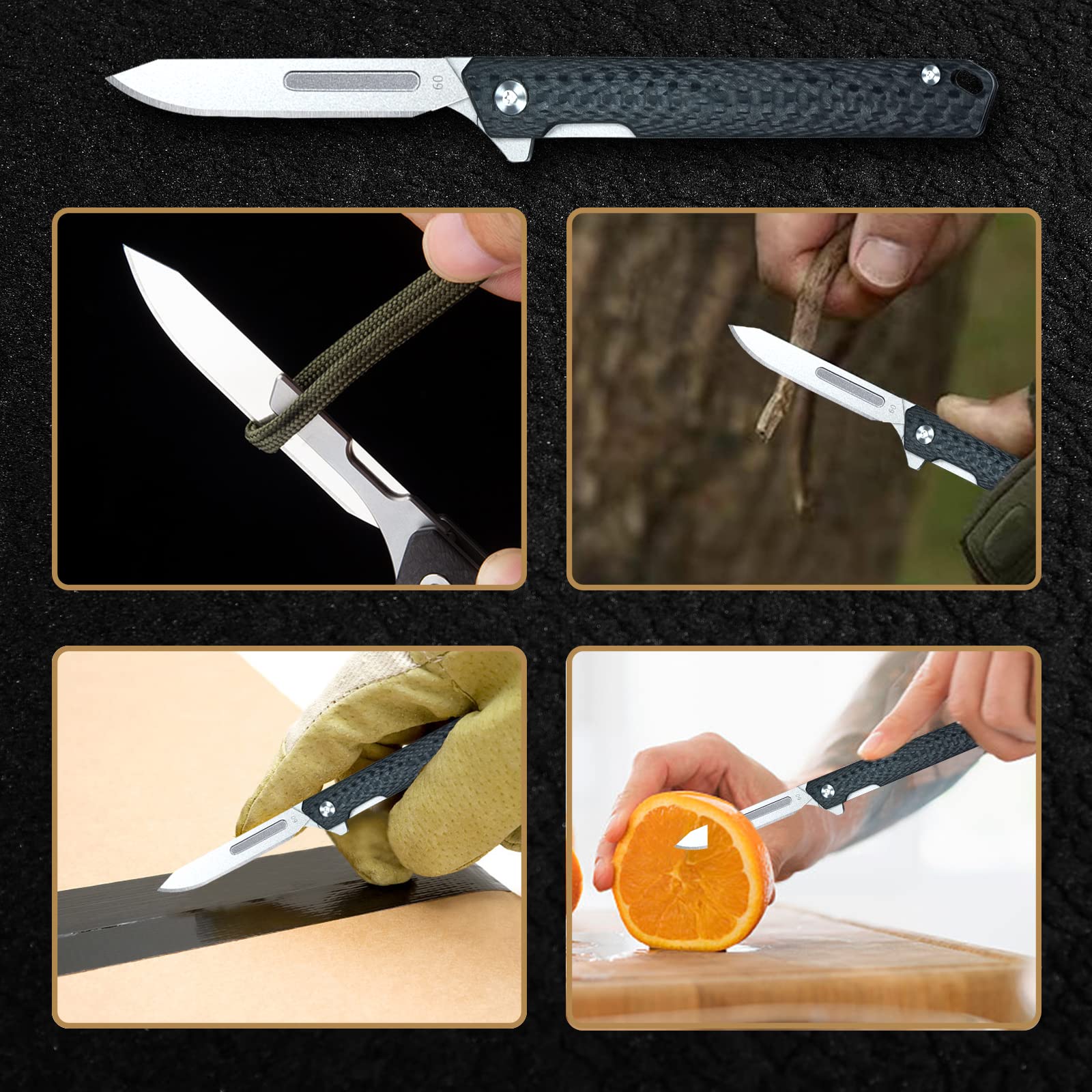 UNIQTINT Carbon Fiber Handle Folding Pocket Knife, Slim Flipper EDC Knife with 10pcs #60 Replaceable Blade, Artwork Knife with Liner Lock and Pocket Clip, 1.35oz Lightweight