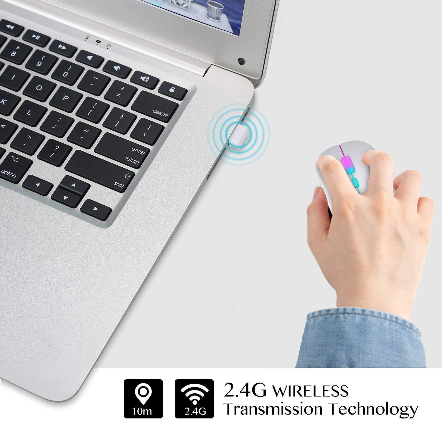 Wireless Rechargeable Mouse,Attoe Slim Portable USB Mouse with USB Dongle & Breathing RGB LED Light, Optical Computer Mice for PC, Tablet, Laptop and Windows/Mac