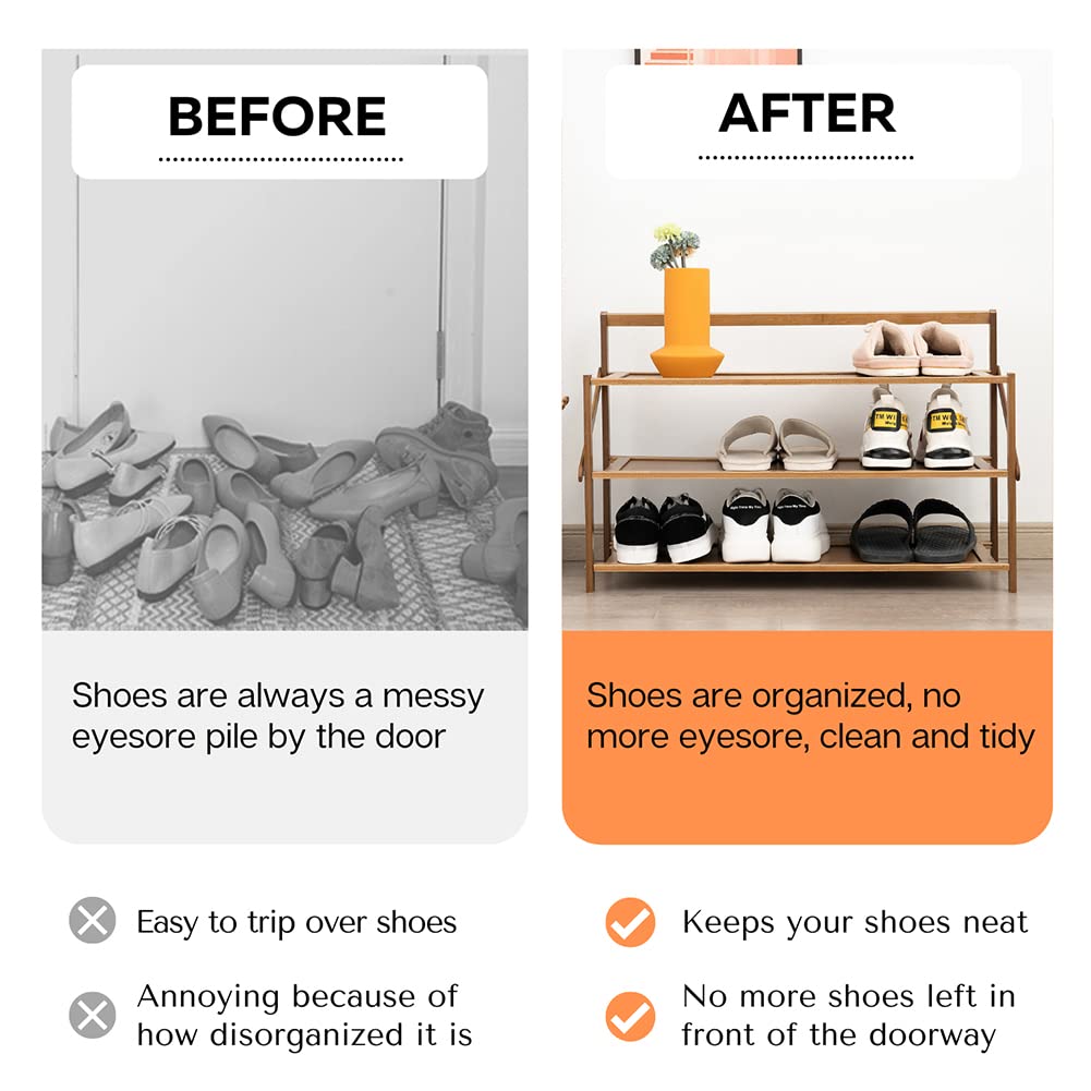 Small 3-Tier Shoe Rack for Closet & Entryway, Installation-Free Foldable Bamboo Shoes Storage Organizer, Sturdy Free Standing Three Shelf Shoe Stand for 6-9 Pairs, Brown 20x18x9 Inches