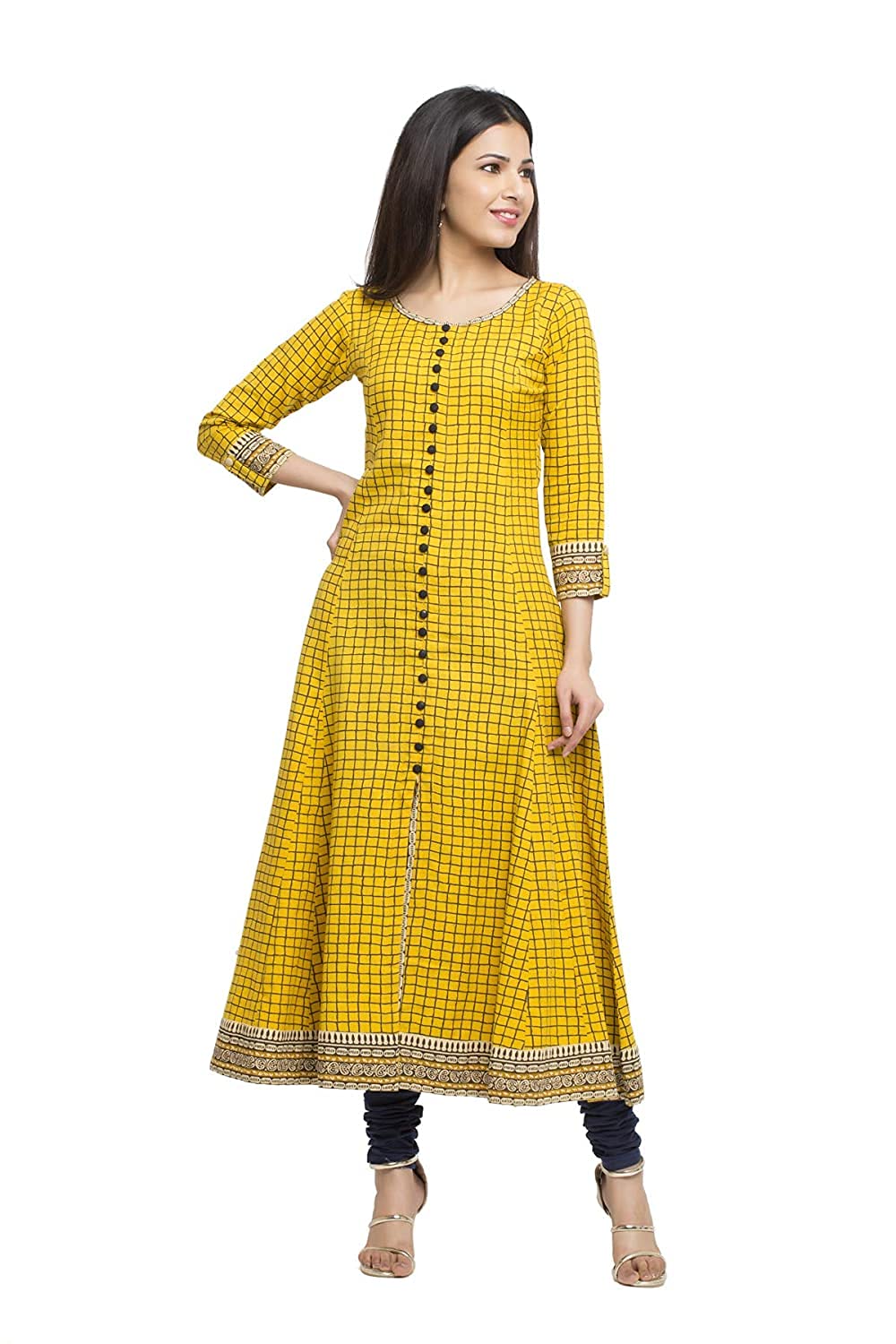 Yash Gallery Women's Cotton Slub Checks Print 3/4 Sleeves Anarkali Kurta (Yellow, XL)