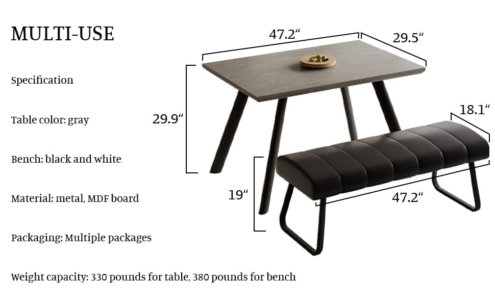 ZckyCine 47.2-inch Four-Person Dining Table Set with 2 Benches, Metal Frame and Wooden Combination, Space-Saving Design, Suitable for Home Kitchens and Restaurants (3-Piece Set)