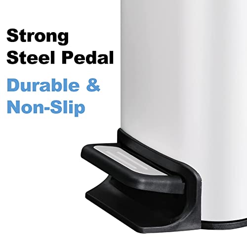 TrashAid Small Bathroom Trash Can with Lid Soft Close, 6 Liter / 1.6 Gallon Stainless Steel Garbage Can Narrow with Removable Inner Bucket, Step Pedal (White)
