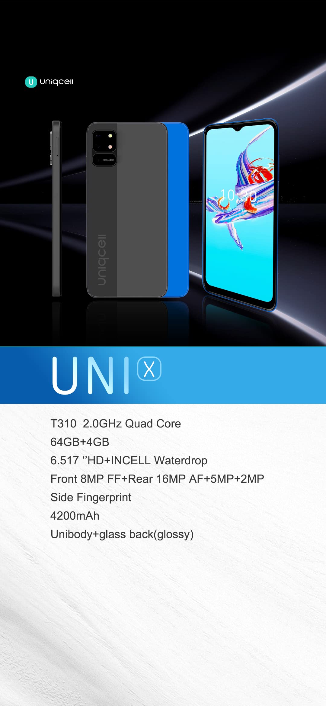 Uniqcell UNI X Cell Phone, 6.517" HD+INCELL Waterdrop, Android Cell Phone with Octa Core 64GB+4GB, 16MP+8MP, Unlock Fingerprint (Blue)