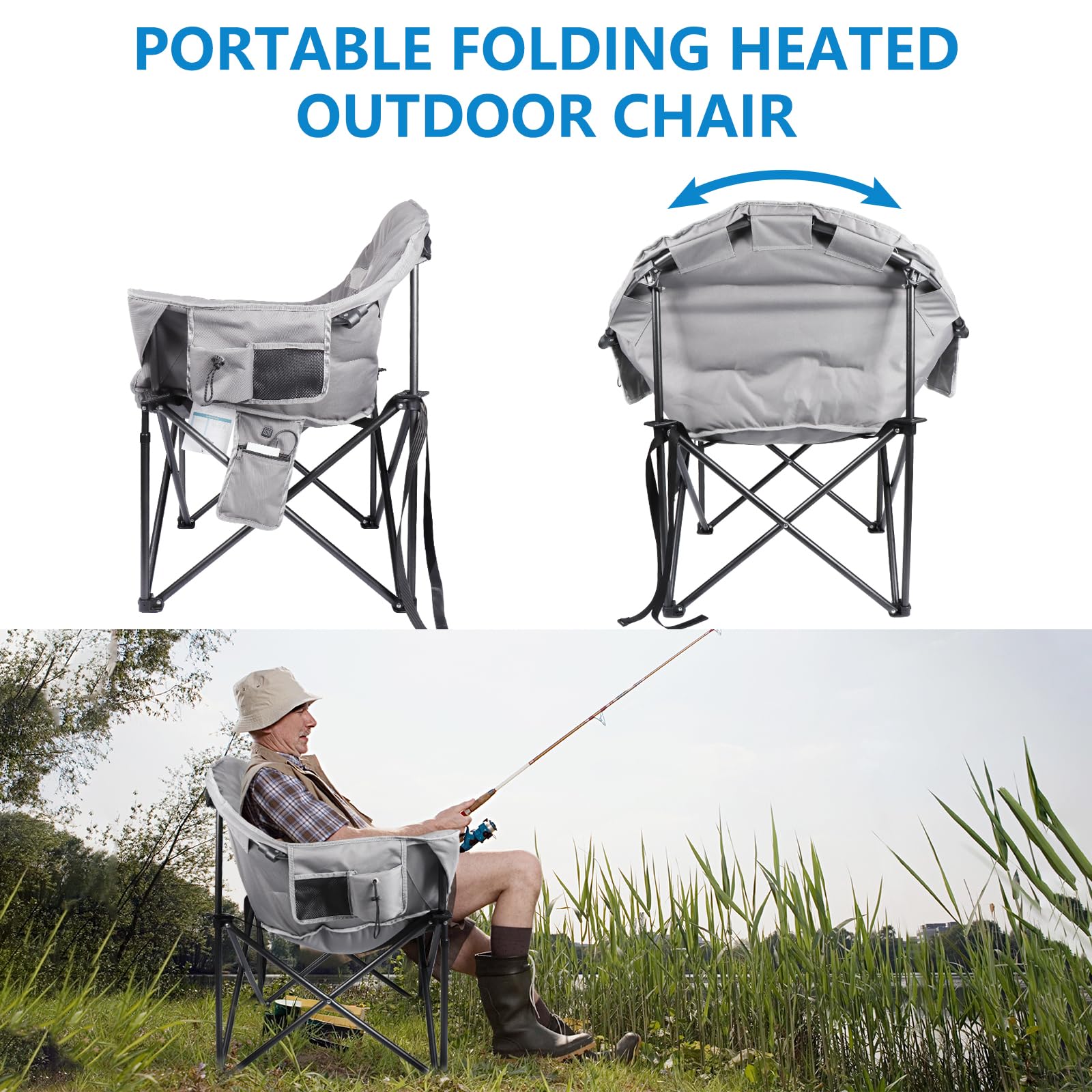 XComfort Oversized Padded Folding Camping Chair with 3 Heated Levels, Supports 300lbs - Portable for Camping, Picnics, Battery Not Included