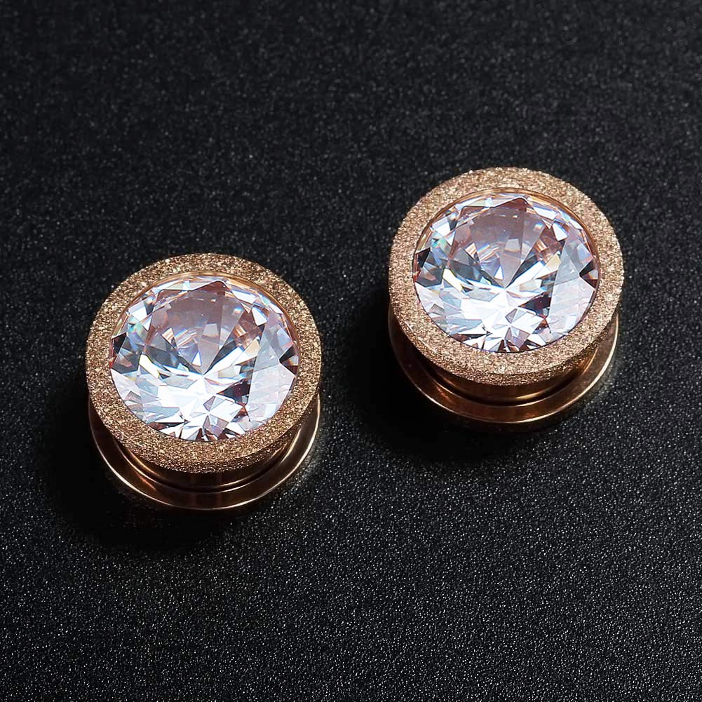 ZS Rose Gold Stainless Steel Screw Big Cubic Zirconia Ear Gauges Plugs Tunnels Expander Body Piercing (Gauge=00g(10mm))