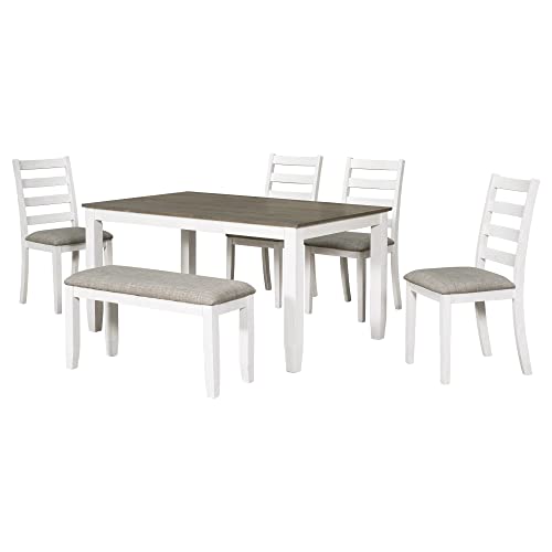 WOZNLA Comfortable Room 6-Piece Rustic Dining Set-Rectangular Wood Kitchen Table, 4 Chairs, and 1 Bench with Upholstered Cushions, Brown