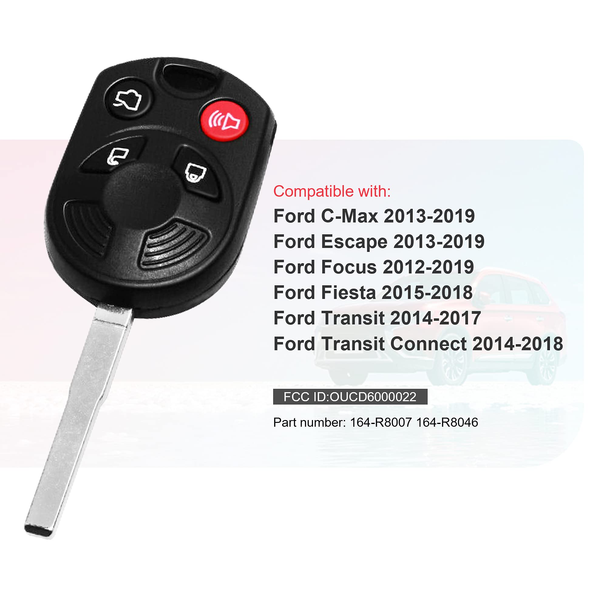 VOFONO 4 Buttons Keyless Entry Key Fob Fit for Ford Escape/C-Max 2013-2019/Focus 2012-2019/Transit 2014-2017/Transit Connect 2014-2018/Fiesta 2015-2018 Replacement for FCC ID: OUCD6000022 Pack of 2