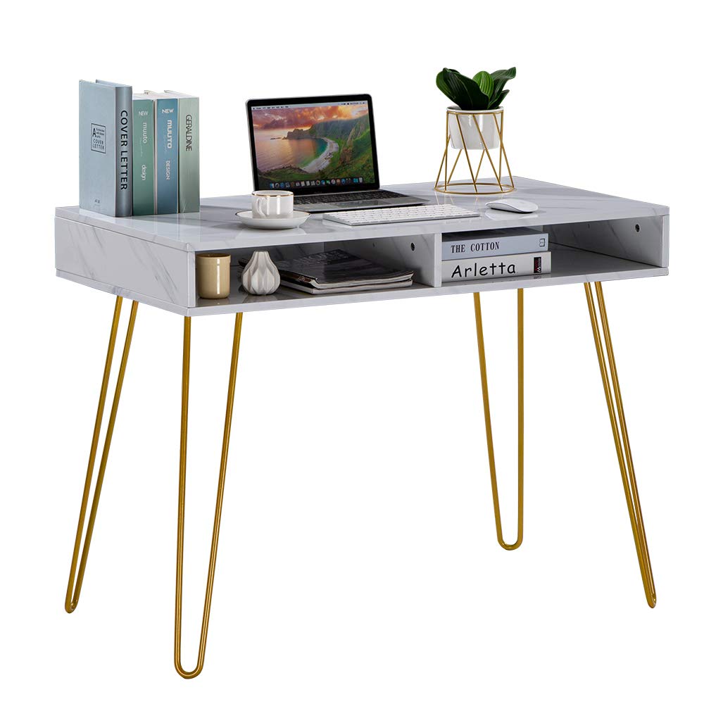 SSLine Gold and White Computer Desk Modern Writing Table Makeup Vanity Desk with White Faux Marble Top and Golden Metal Frame Elegant Laptop PC Workstation w/Two Storage Drawers for Home Office