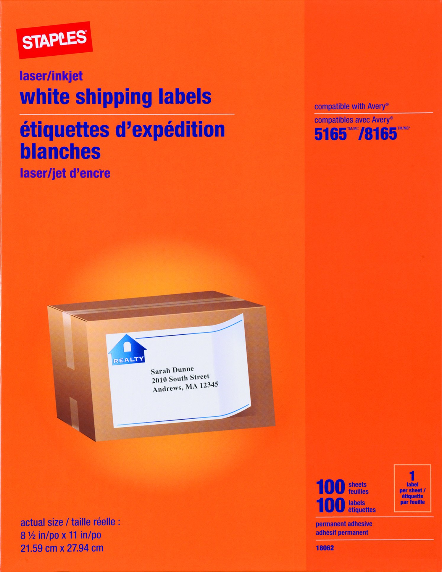 White Inkjet/Laser Full Sheet Shipping Labels, 8-1/2 X 11, 100/Box
