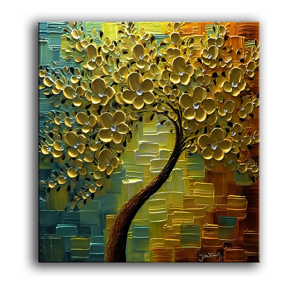 YaSheng Art - 3D Oil Paintings On Canvas Golden Flowers Tree Paintings Abstract Artwork Wall Art For living Room,Dinning Room Home Decor Framed Stretched Ready to Hang 24x24inch